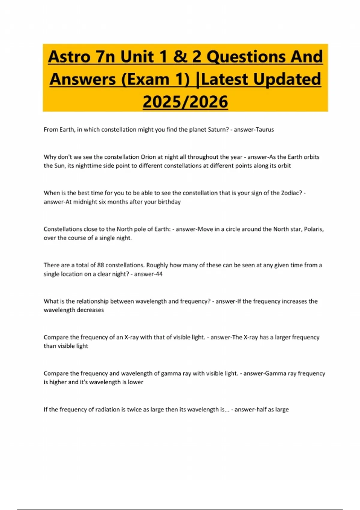 Astro 7n Unit 1 & 2 Questions And Answers (Exam 1) |Latest Updated 2025 ...
