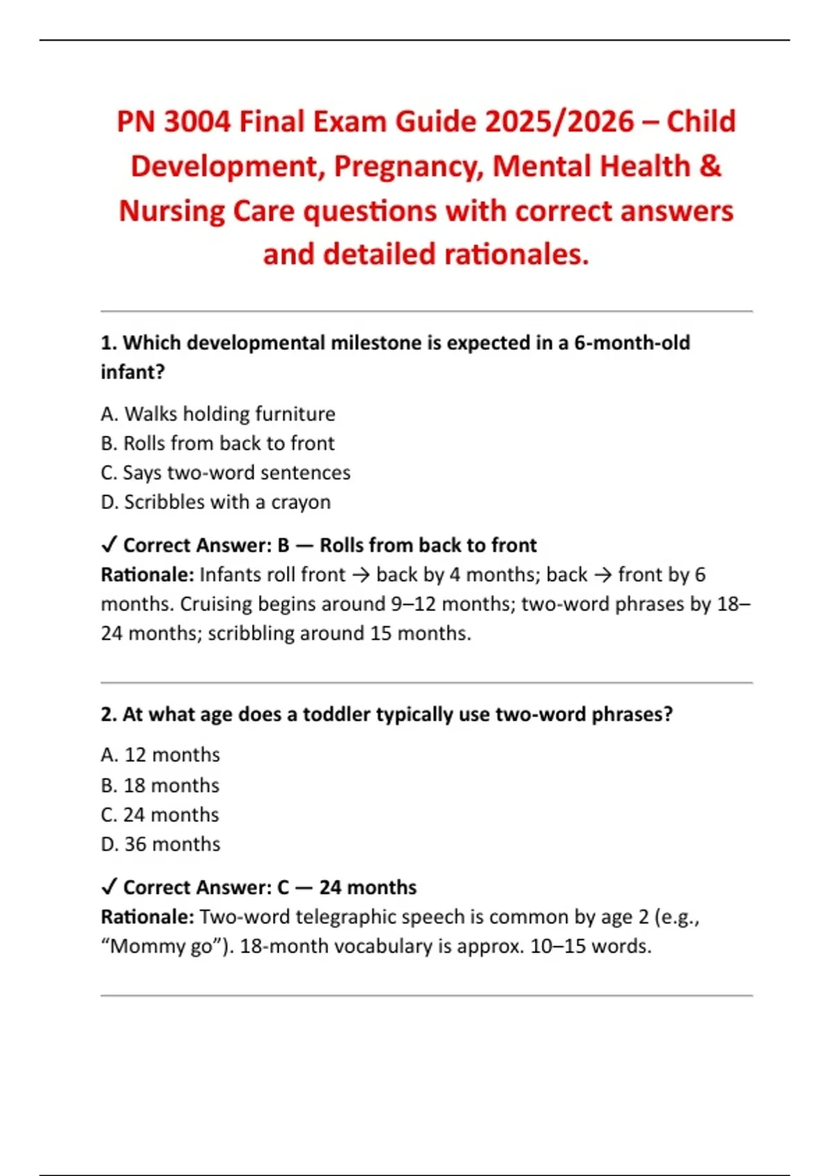 PN 3004 Final Exam Guide 2025/2026 – Child Development, Pregnancy ...