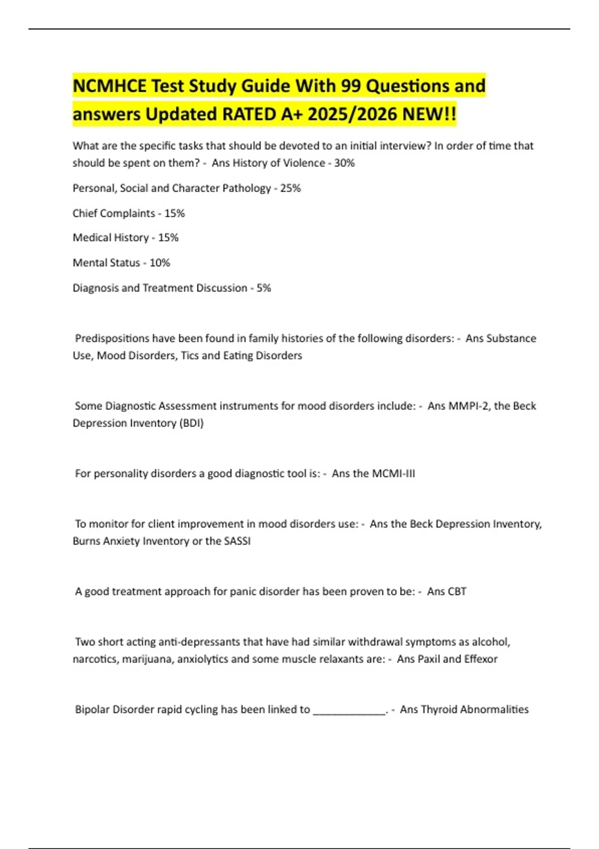 NCMHCE Test Study Guide With 99 Questions and answers Updated RATED A+ ...