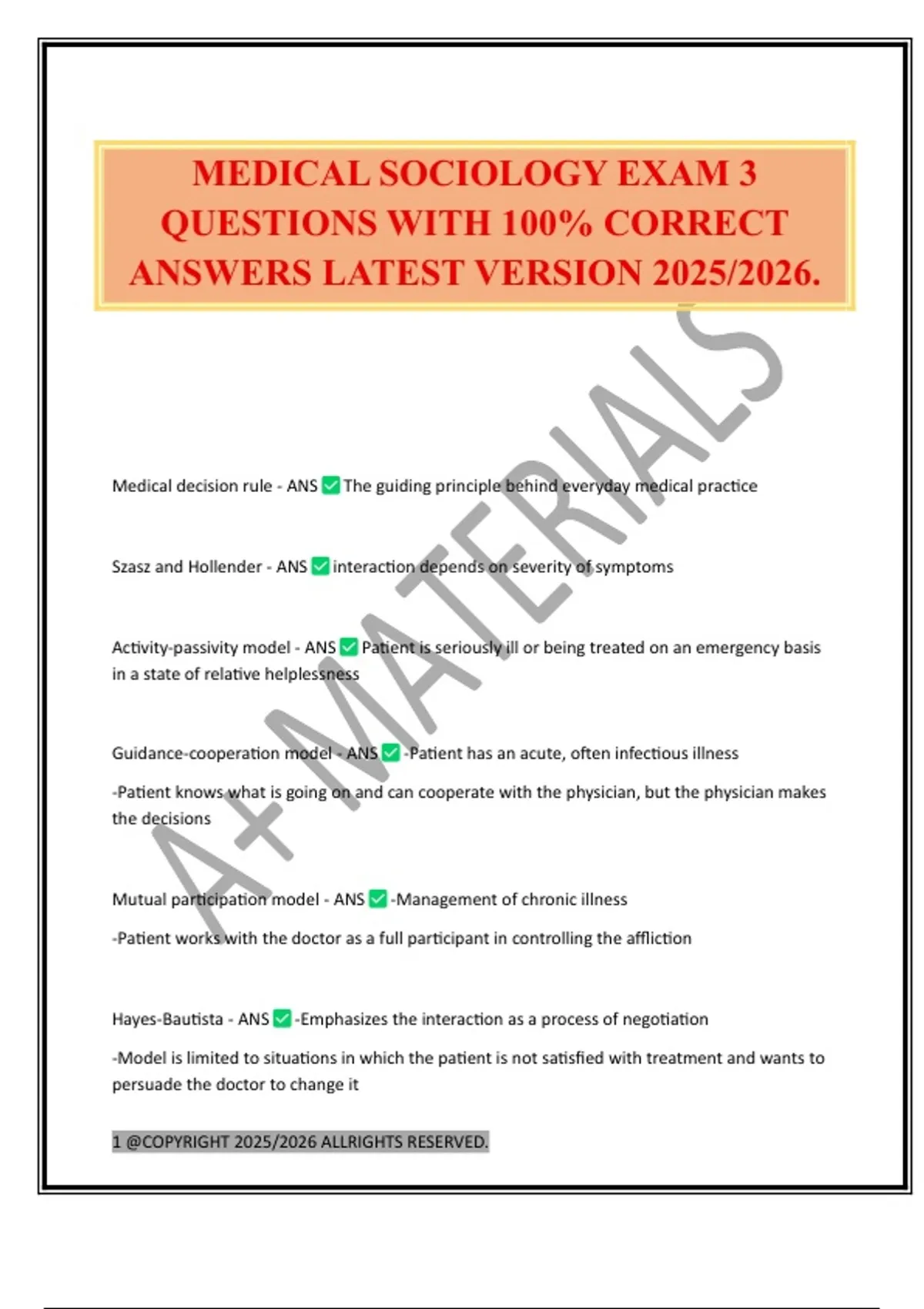 MEDICAL SOCIOLOGY EXAM 3 QUESTIONS WITH 100% CORRECT ANSWERS LATEST ...