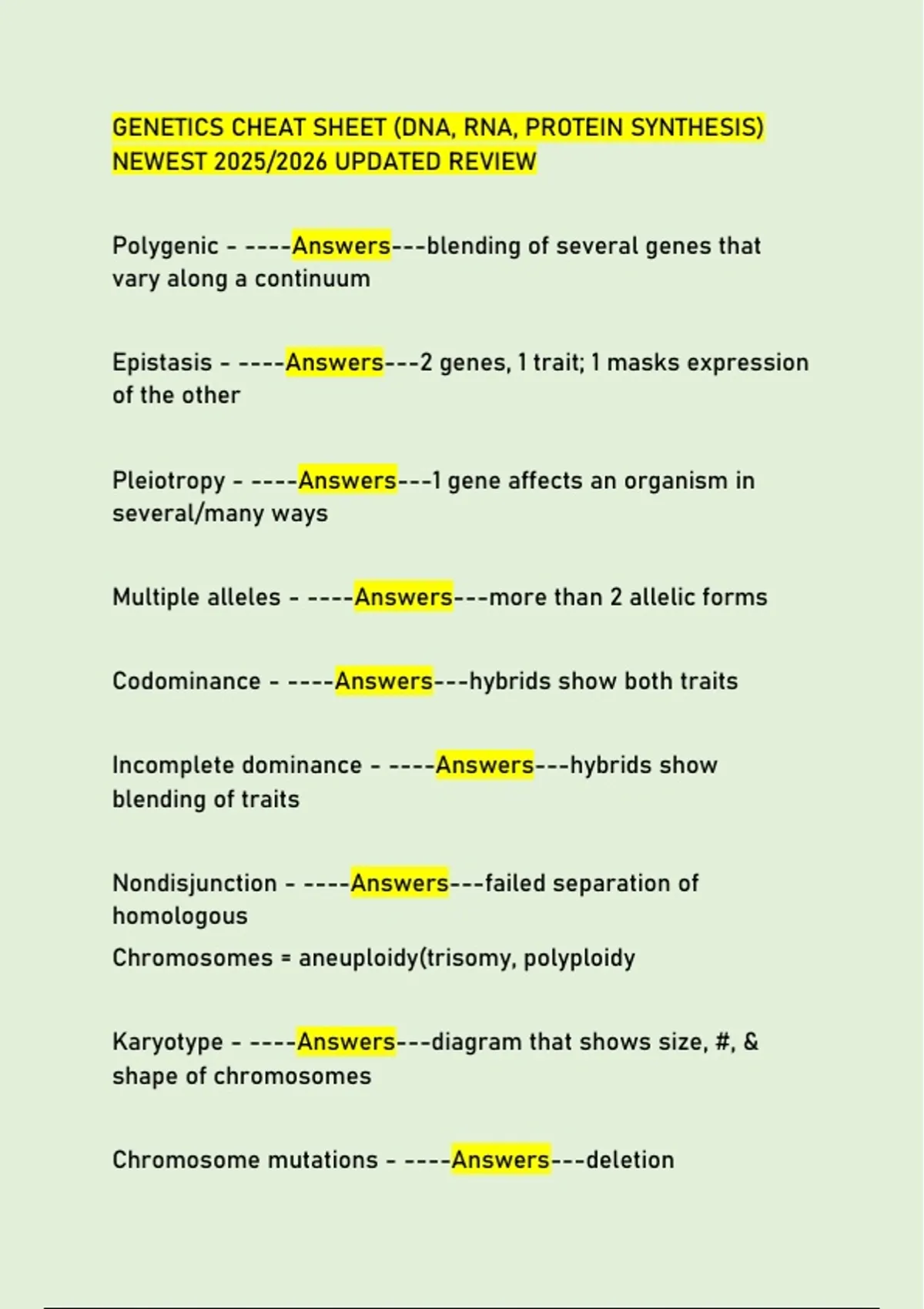 GENETICS CHEAT SHEET (DNA, RNA, PROTEIN SYNTHESIS) NEWEST 2025/2026 ...