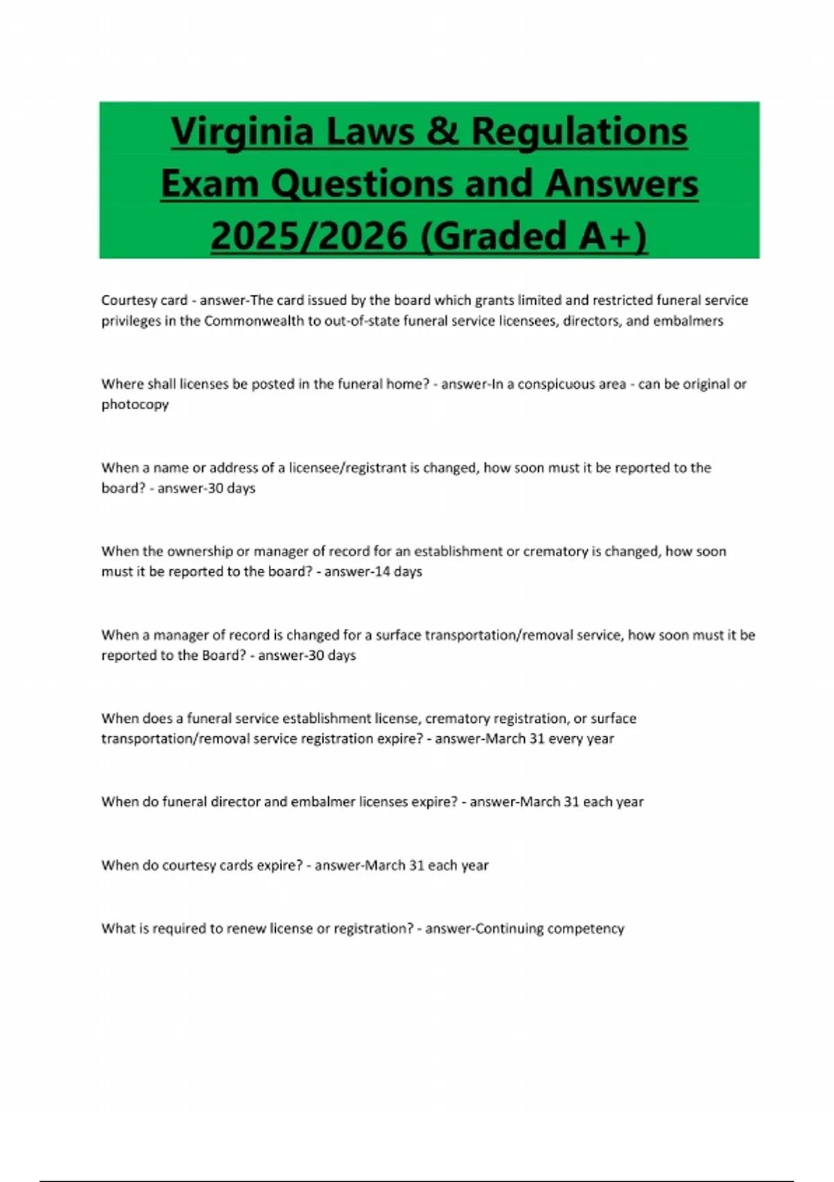 Virginia Laws & Regulations Exam Questions and Answers 2025/2026 ...