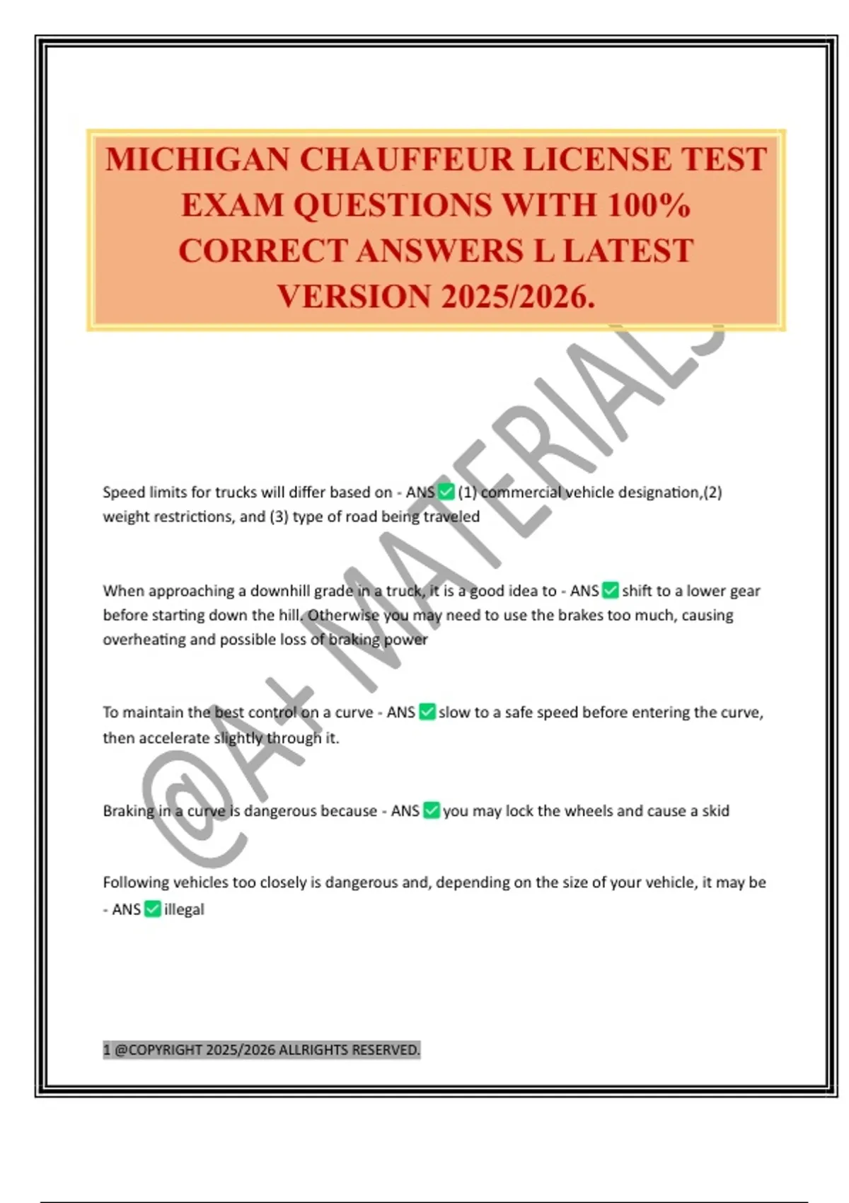 MICHIGAN CHAUFFEUR LICENSE TEST EXAM QUESTIONS WITH 100% CORRECT ...