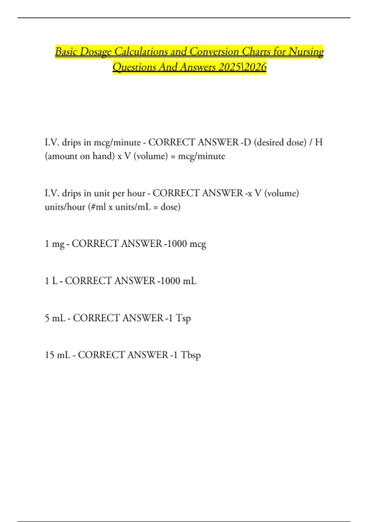 Basic Dosage Calculations and Conversion Charts for Nursing Questions ...