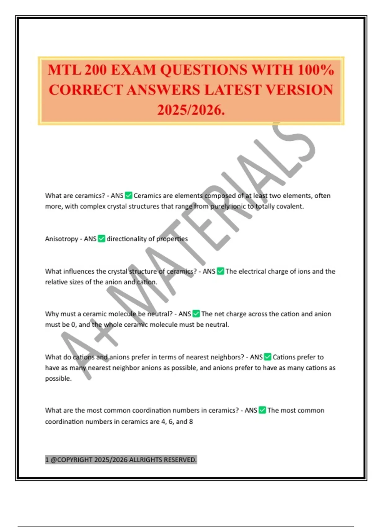 MTL 200 EXAM QUESTIONS WITH 100% CORRECT ANSWERS LATEST VERSION 2025/ ...