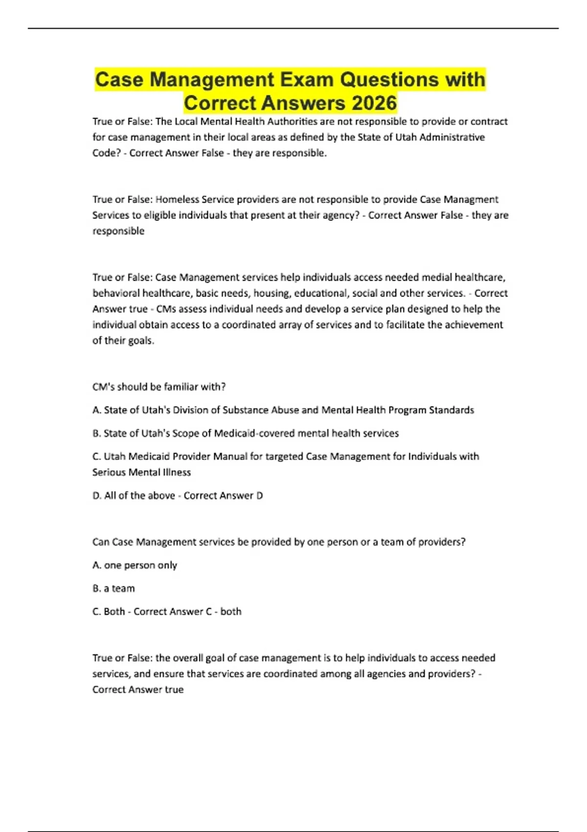 Case Management Exam Questions with Correct Answers 2026 - Case ...