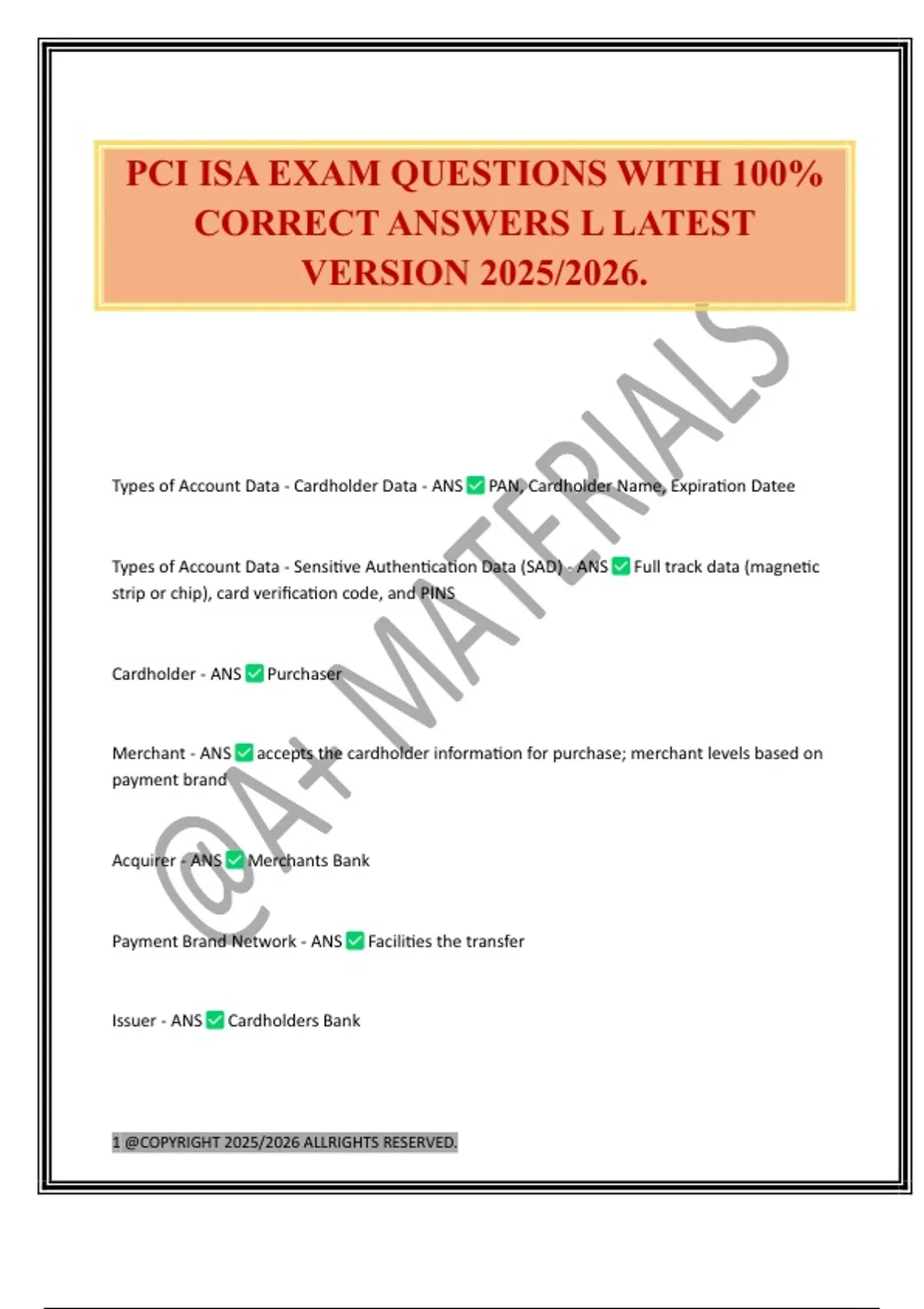 PCI ISA EXAM QUESTIONS WITH 100% CORRECT ANSWERS L LATEST VERSION 2025/ ...