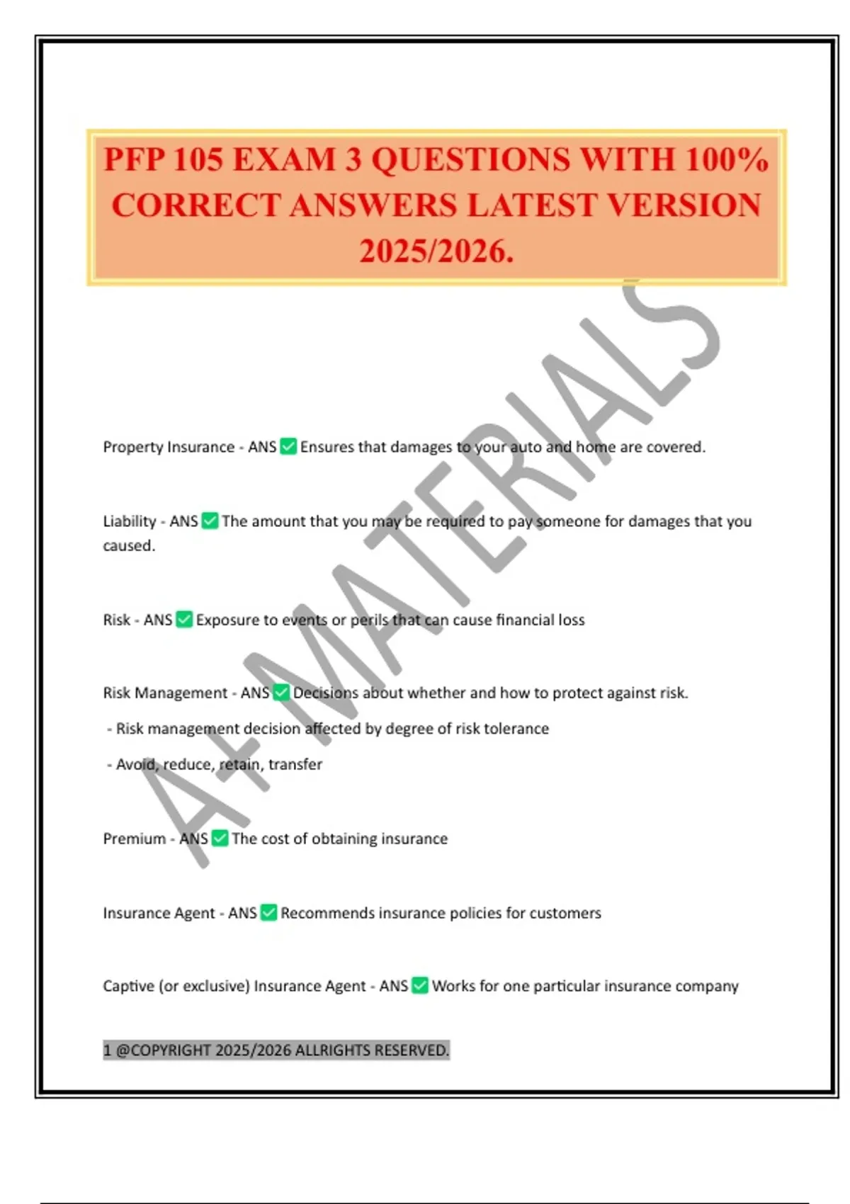 PFP 105 EXAM 3 QUESTIONS WITH 100% CORRECT ANSWERS LATEST VERSION 2025/ ...