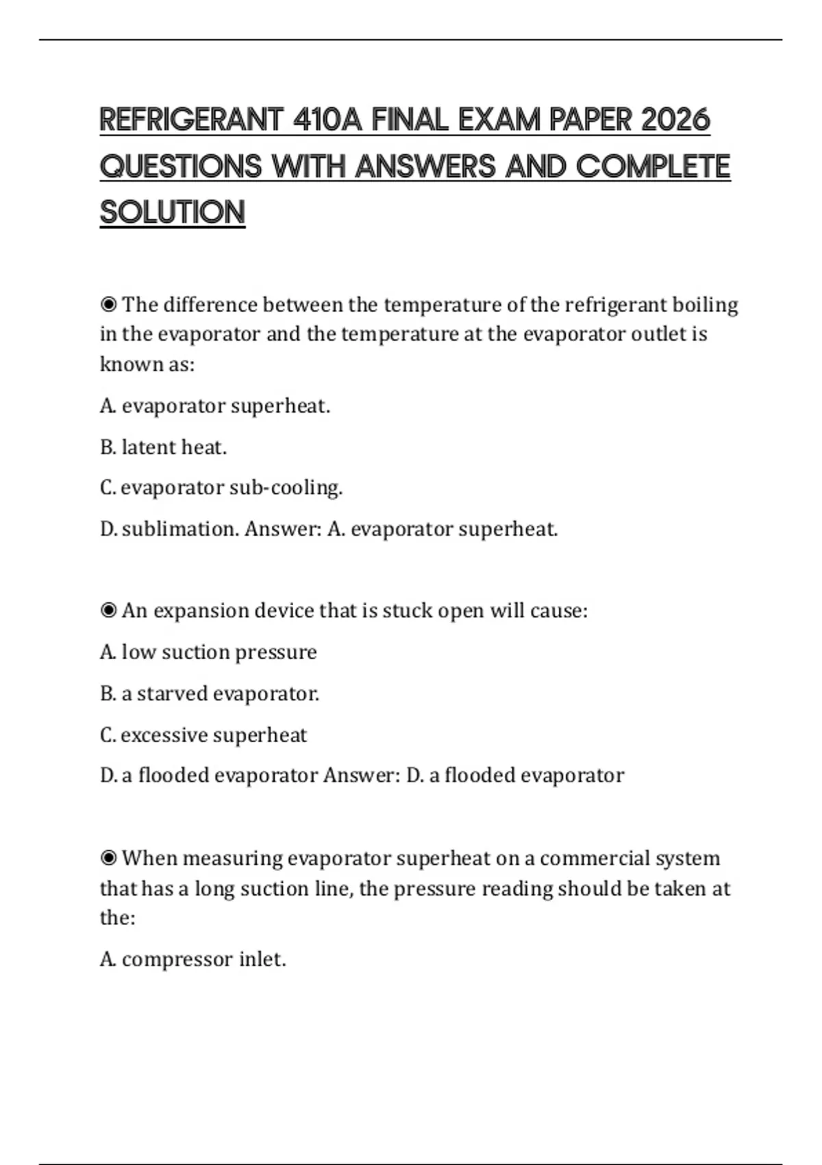 REFRIGERANT 410A EXAMINATION TEST 2026 FULL QUESTIONS AND ANSWERS ...