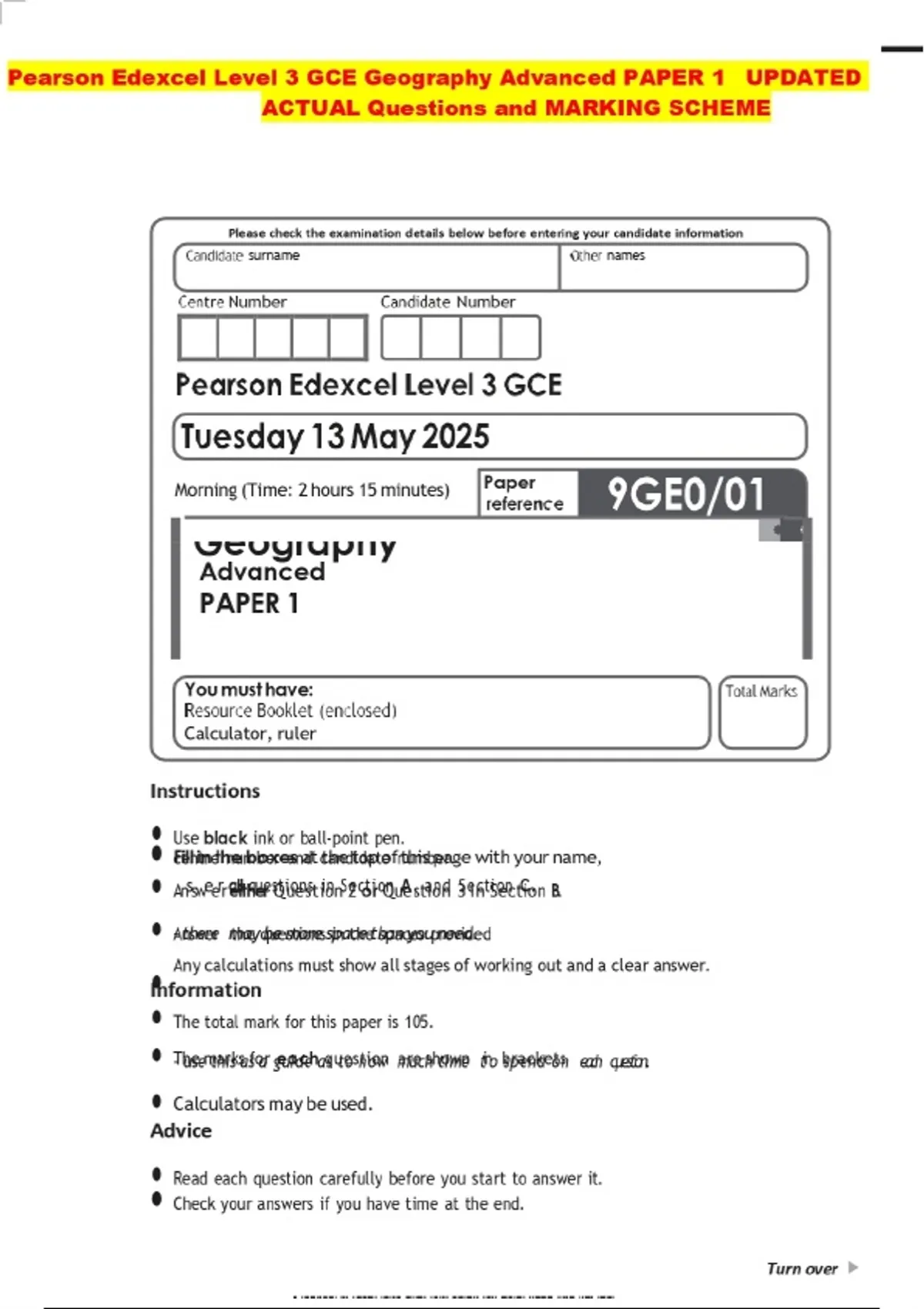 Pearson Edexcel Level 3 GCE Geography Advanced PAPER 1 UPDATED ACTUAL ...