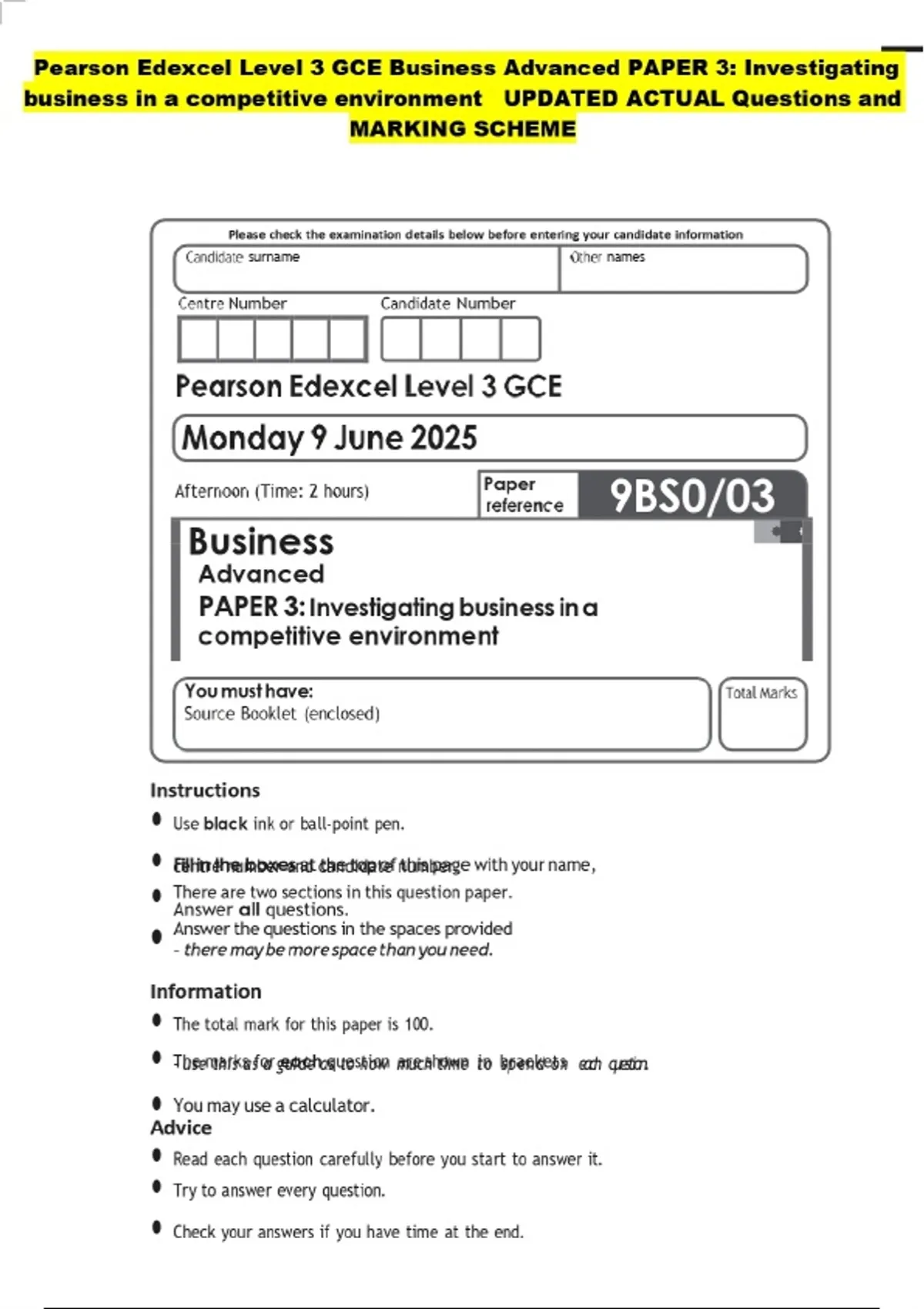Pearson Edexcel Level 3 GCE Business Advanced PAPER 3: Investigating ...