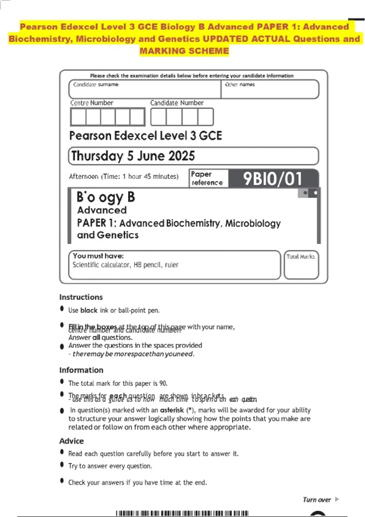 Pearson Edexcel Level 3 GCE Biology B Advanced PAPER 1: Advanced ...