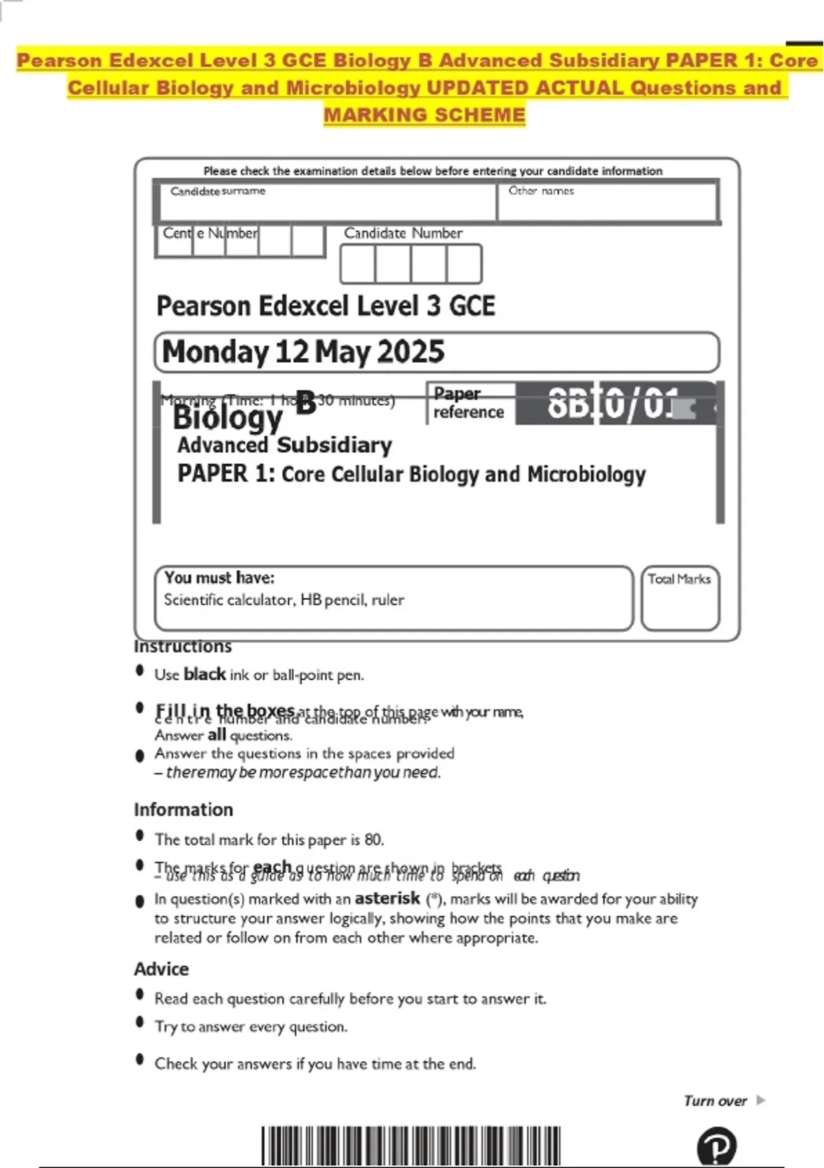 Pearson Edexcel Level 3 GCE Biology B Advanced Subsidiary PAPER 1: Core ...