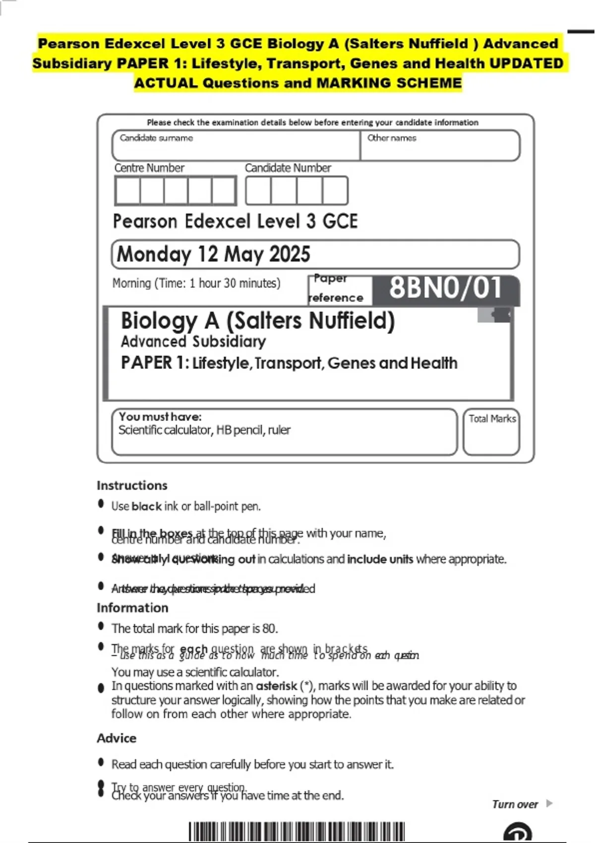 Pearson Edexcel Level 3 GCE Biology A (Salters Nuffield ) Advanced ...
