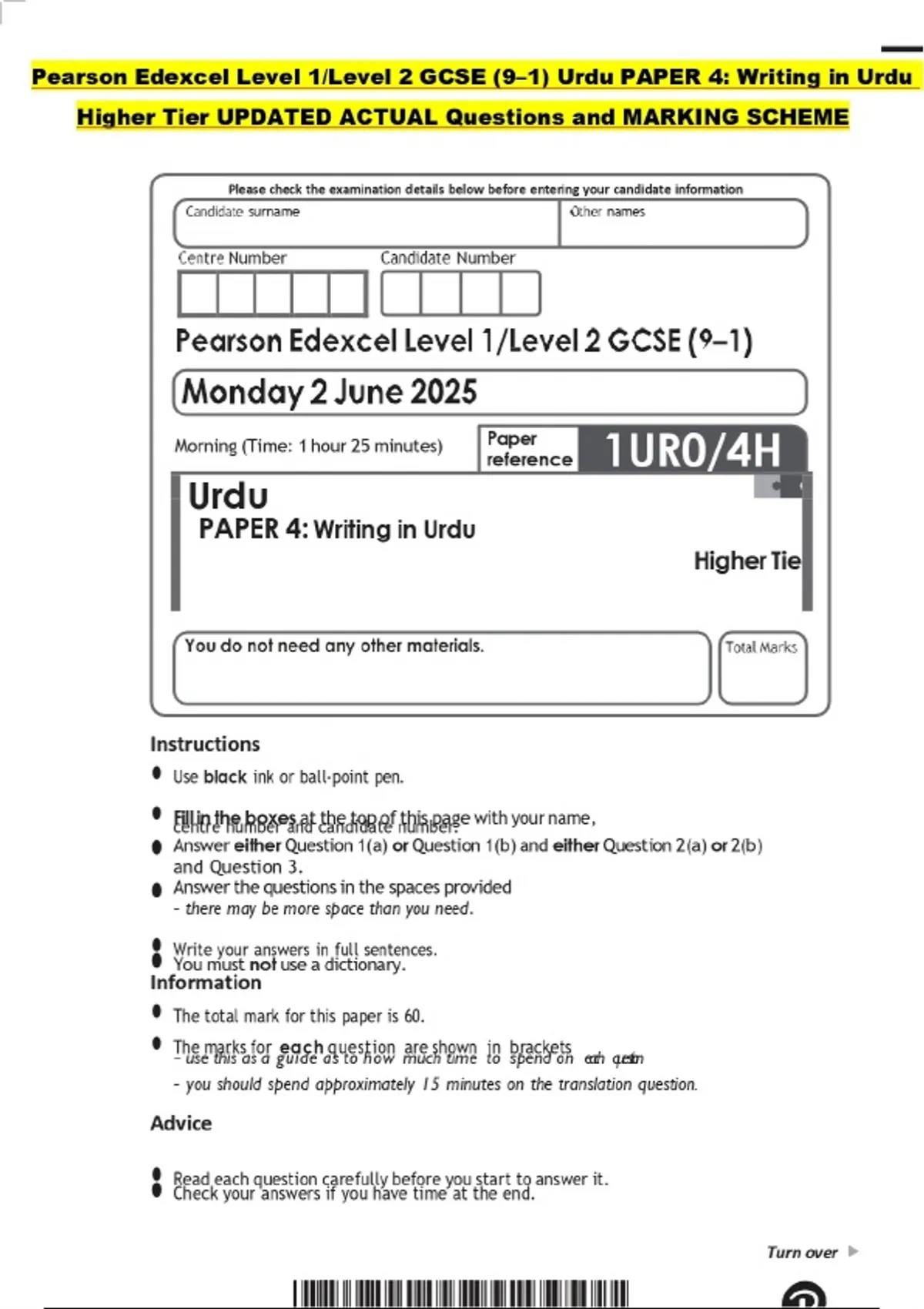 Pearson Edexcel Level 1/Level 2 GCSE (9–1) Urdu PAPER 4: Writing in ...