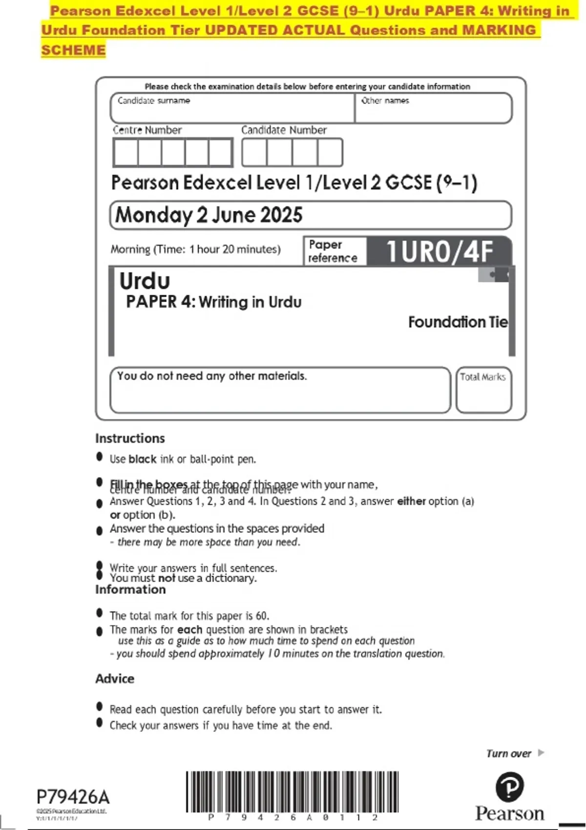 Pearson Edexcel Level 1/Level 2 GCSE (9–1) Urdu PAPER 4: Writing in ...