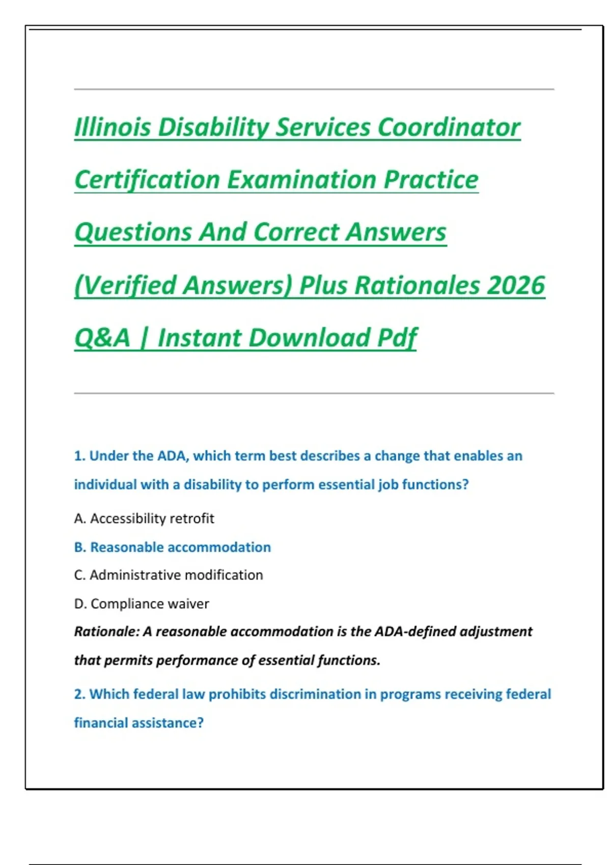 Illinois Disability Services Coordinator Certification Examination ...