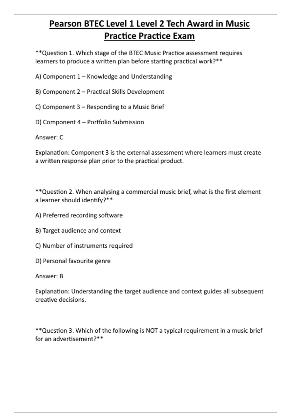 Pearson BTEC Level 1 Level 2 Tech Award in Music Practice Practice Exam ...