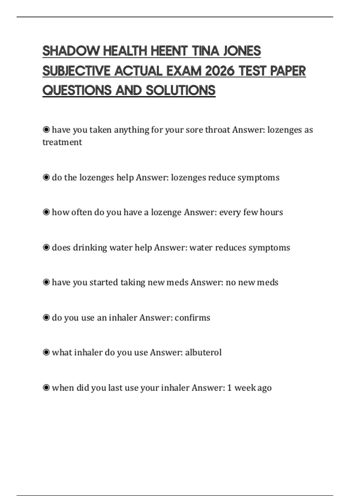 SHADOW HEALTH HEENT TINA JONES SUBJECTIVE ACTUAL EXAM 2026 TEST PAPER ...
