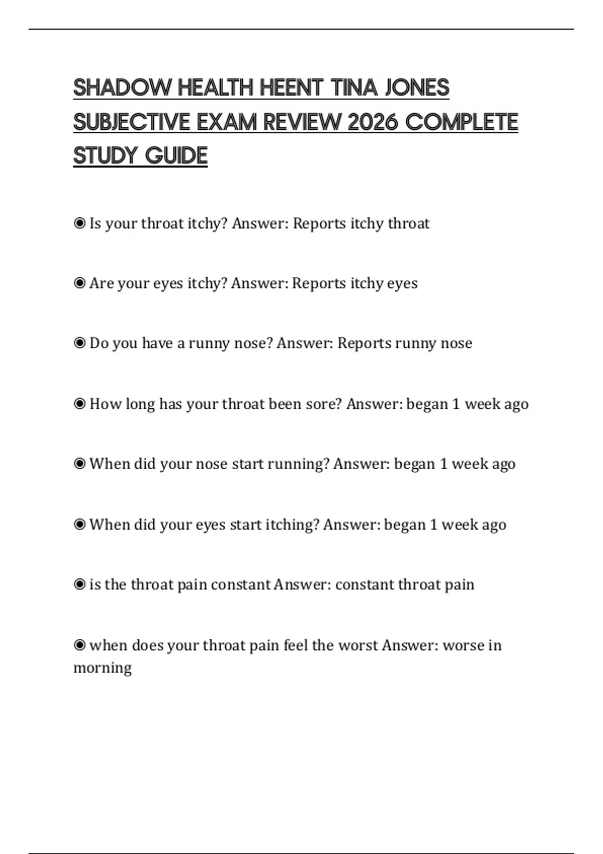 SHADOW HEALTH HEENT TINA JONES SUBJECTIVE EXAM REVIEW 2026 COMPLETE ...