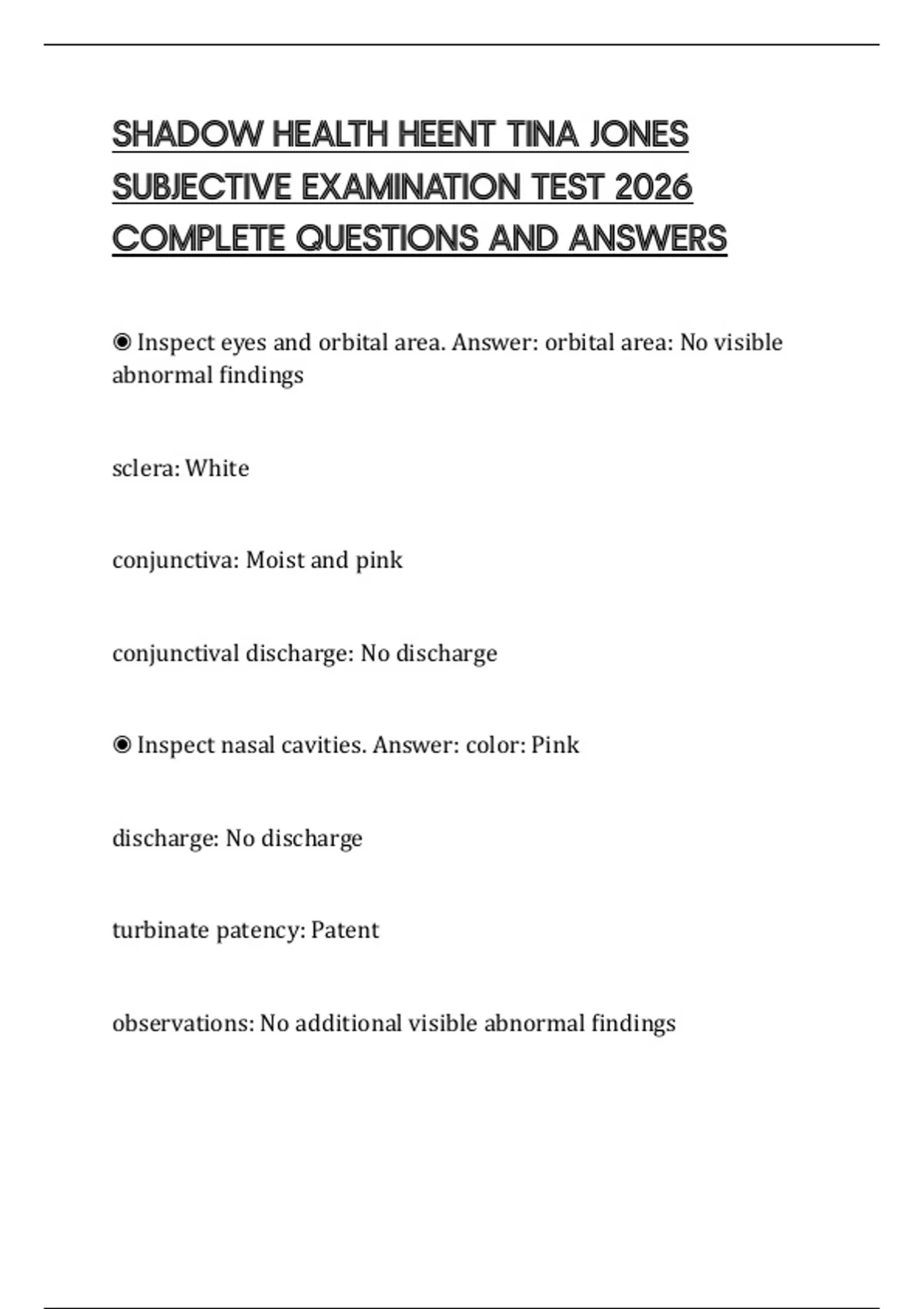 SHADOW HEALTH HEENT TINA JONES SUBJECTIVE EXAMINATION TEST 2026 ...