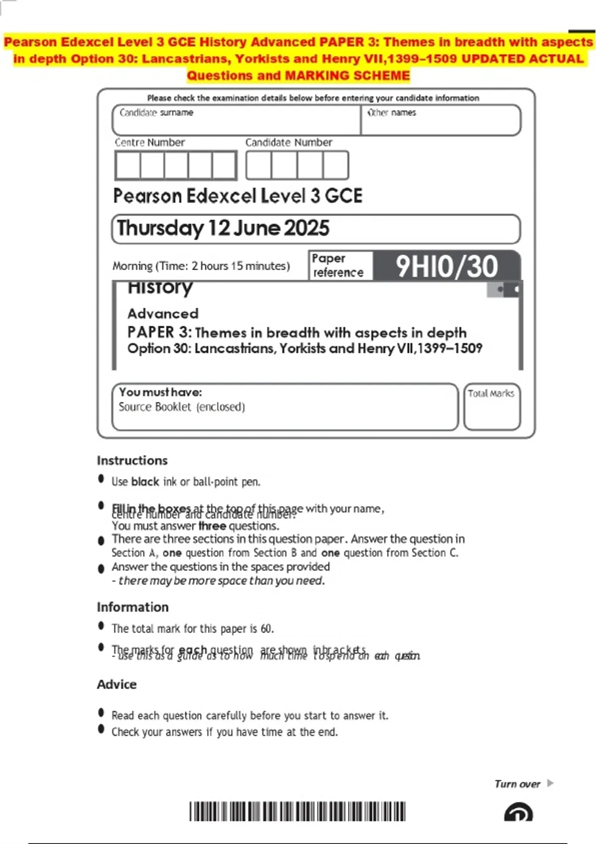 Pearson Edexcel Level 3 GCE History Advanced PAPER 3: Themes in breadth ...
