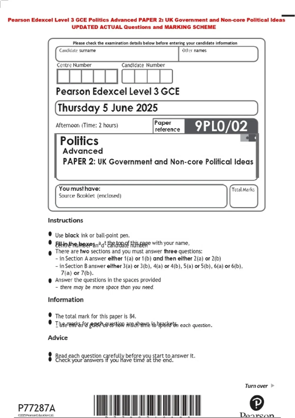Pearson Edexcel Level 3 GCE Politics Advanced PAPER 2: UK Government ...
