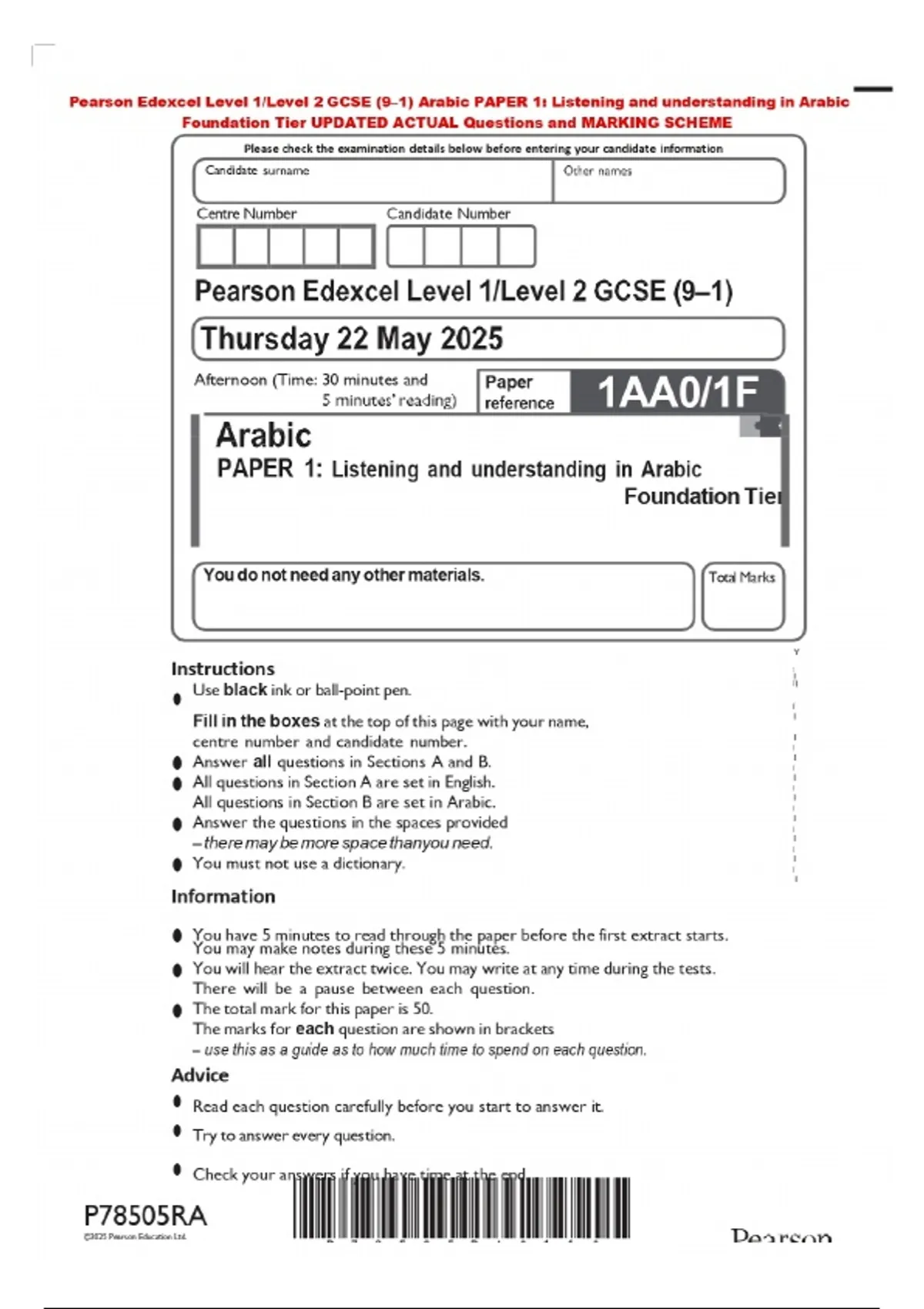 Pearson Edexcel Level 1/Level 2 GCSE (9–1) Arabic PAPER 1: Listening ...