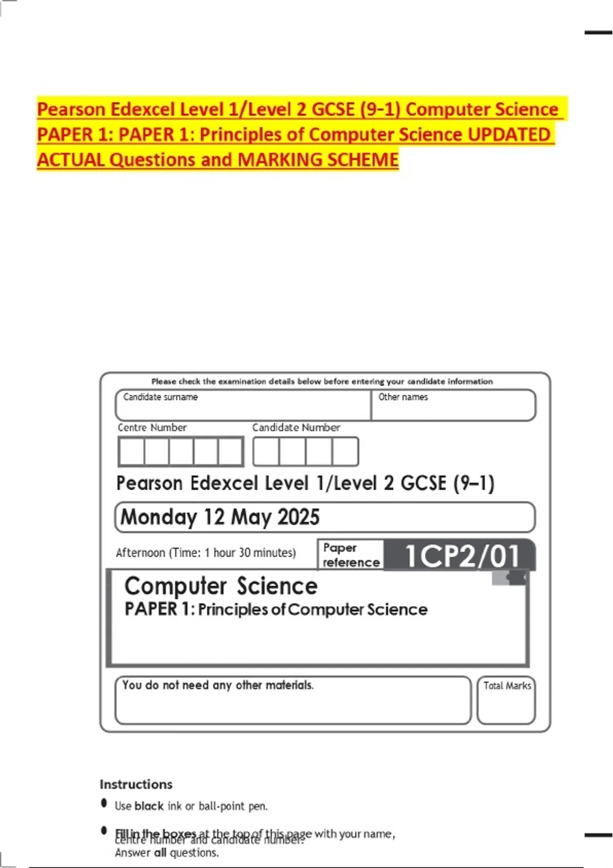 Pearson Edexcel Level 1/Level 2 GCSE (9–1) Computer Science PAPER 1 ...