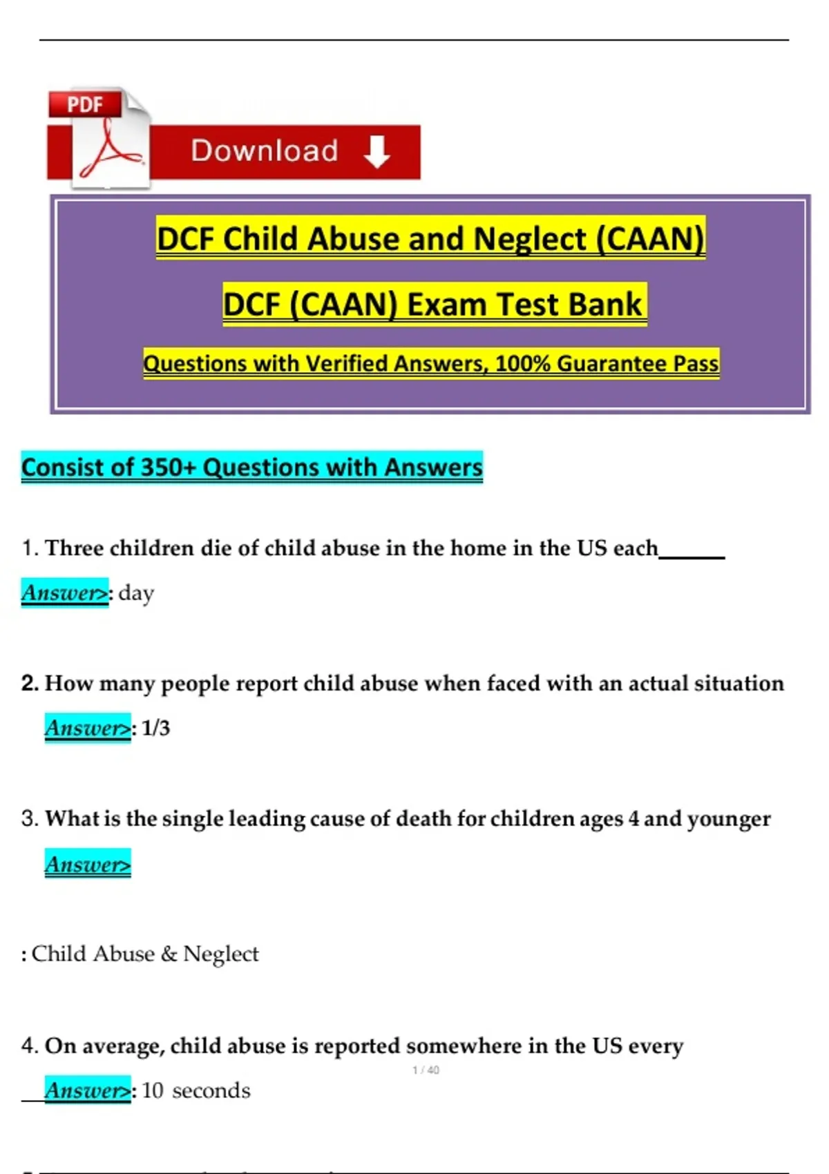 DCF Child Abuse and Neglect (CAAN) DCF (CAAN) Exam Test Bank Questions ...