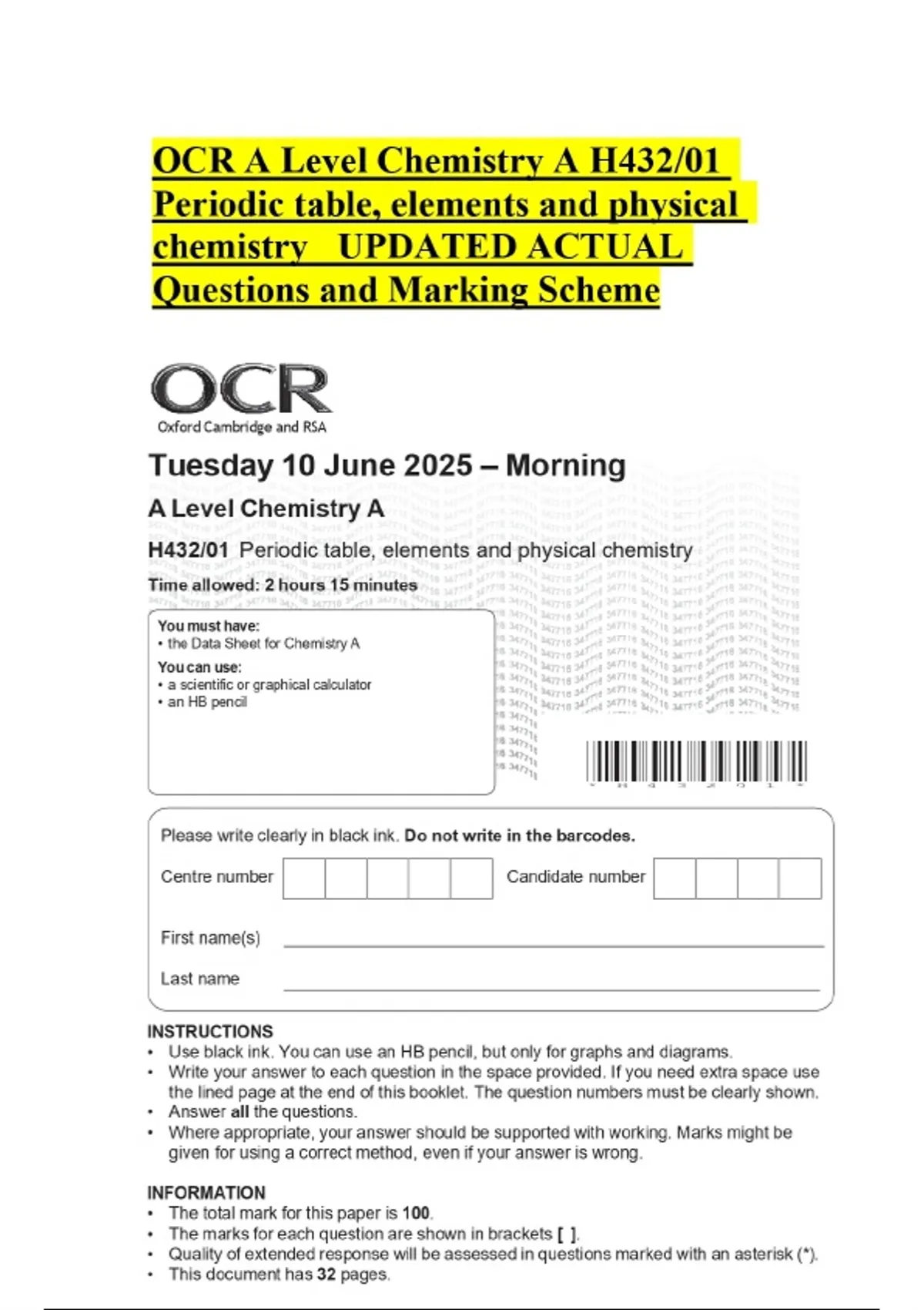 OCR A Level Chemistry A H432/01 Periodic table, elements and physical ...