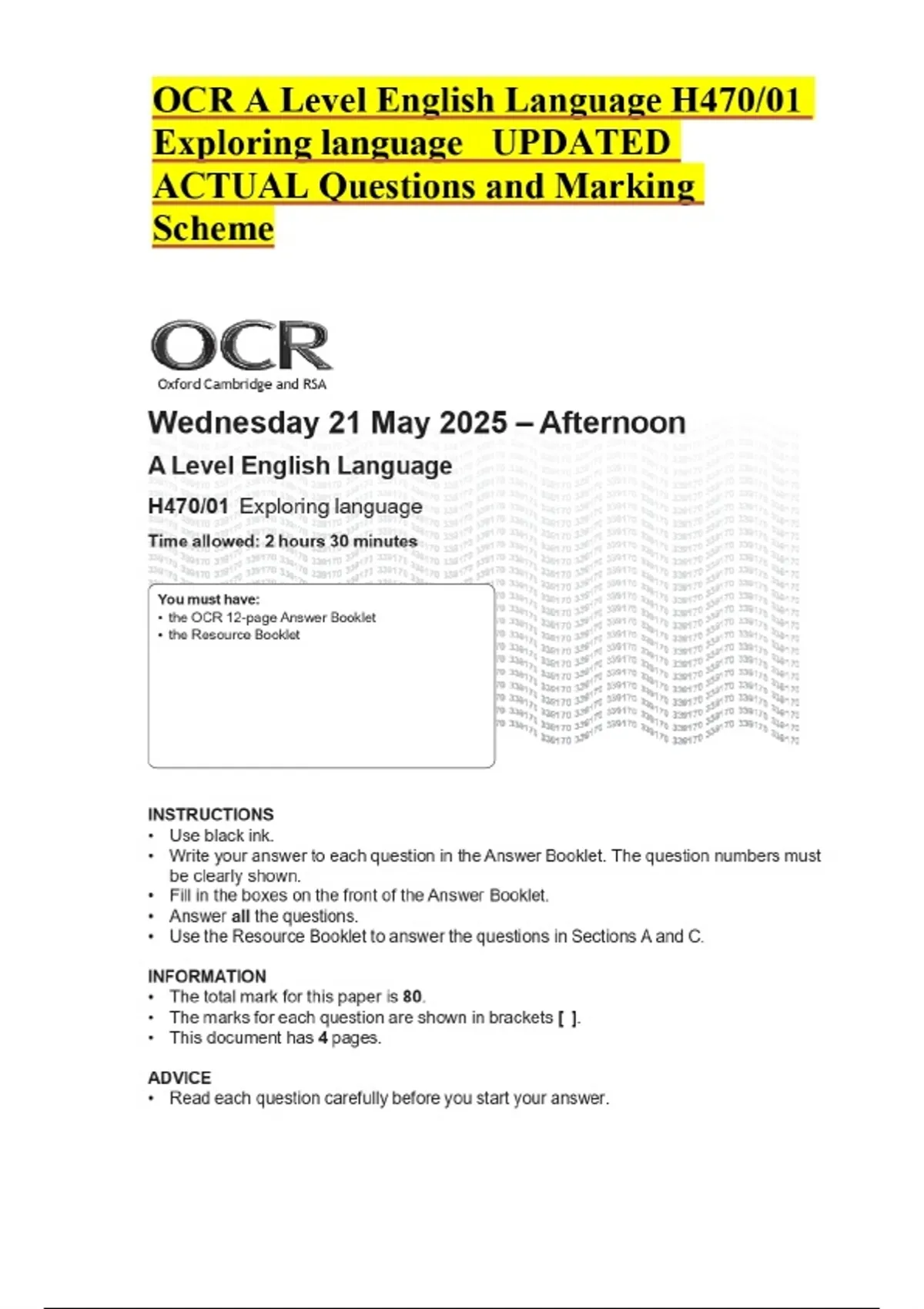 OCR A Level English Language H470/01 Exploring language UPDATED ACTUAL ...