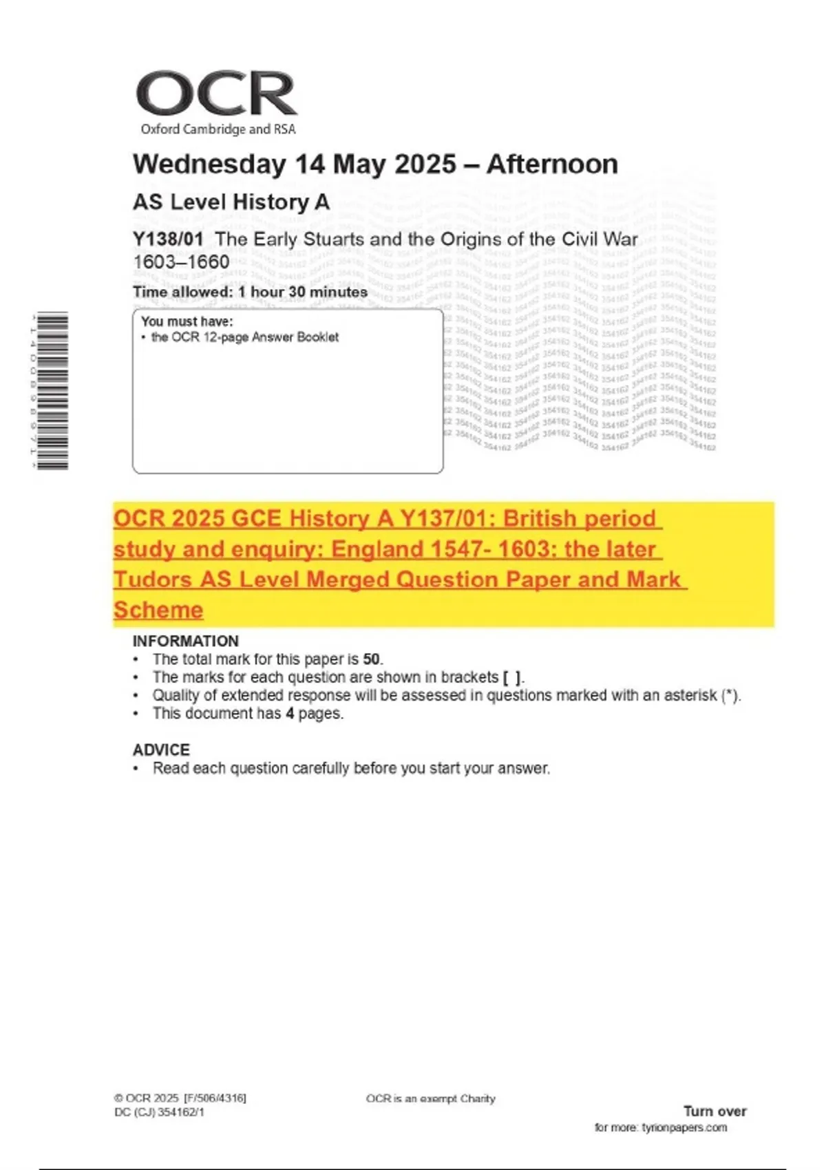 OCR 2025 GCE History A Y137/01: British period study and enquiry ...