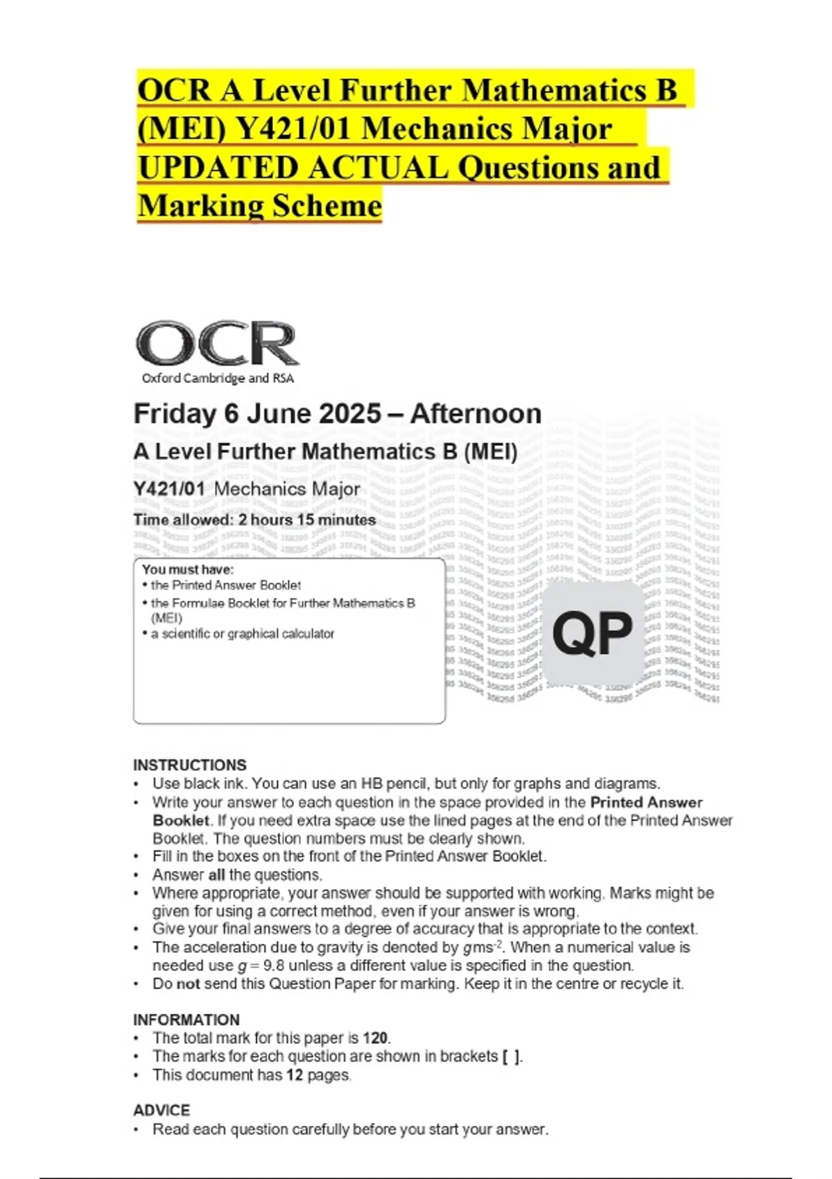 OCR A Level Further Mathematics B (MEI) Y421/01 Mechanics Major UPDATED ...