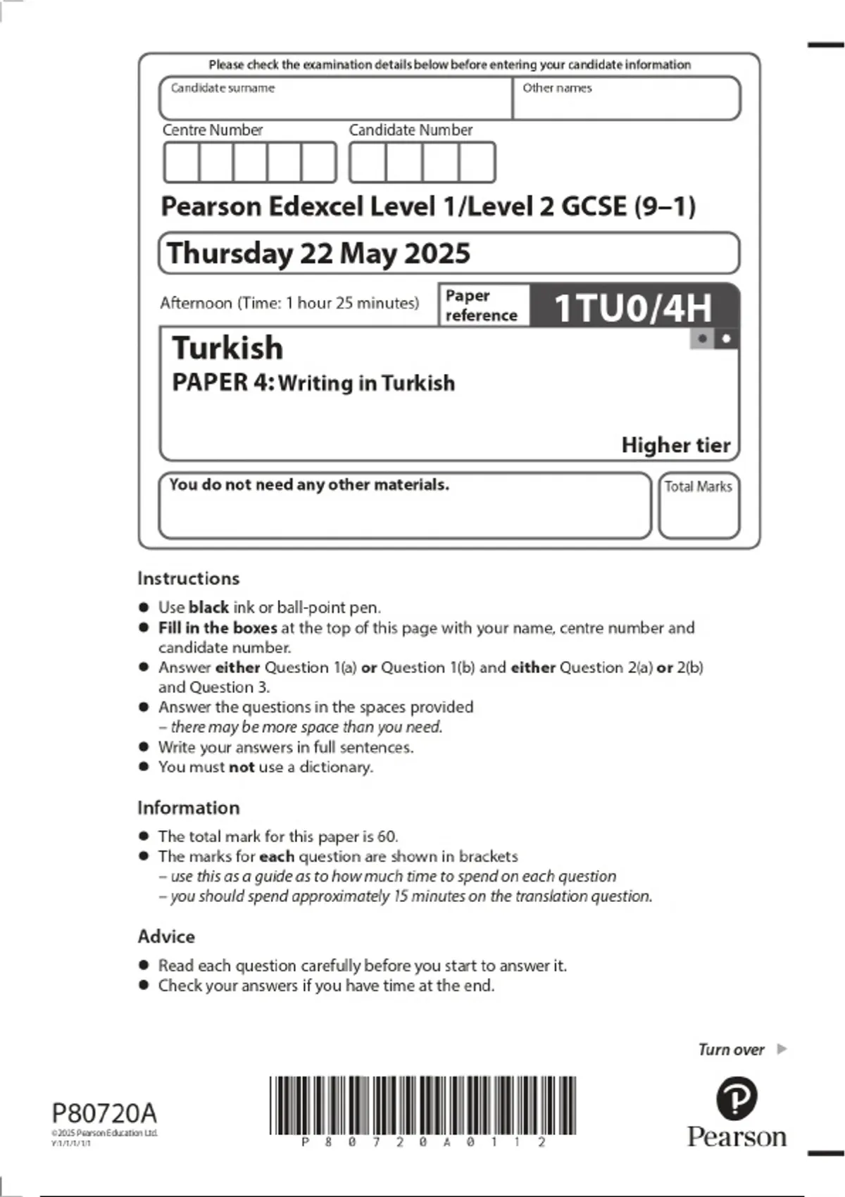 2025 Pearson Edexcel Level 1/Level 2 GCSE (9–1) Turkish PAPER 4 ...