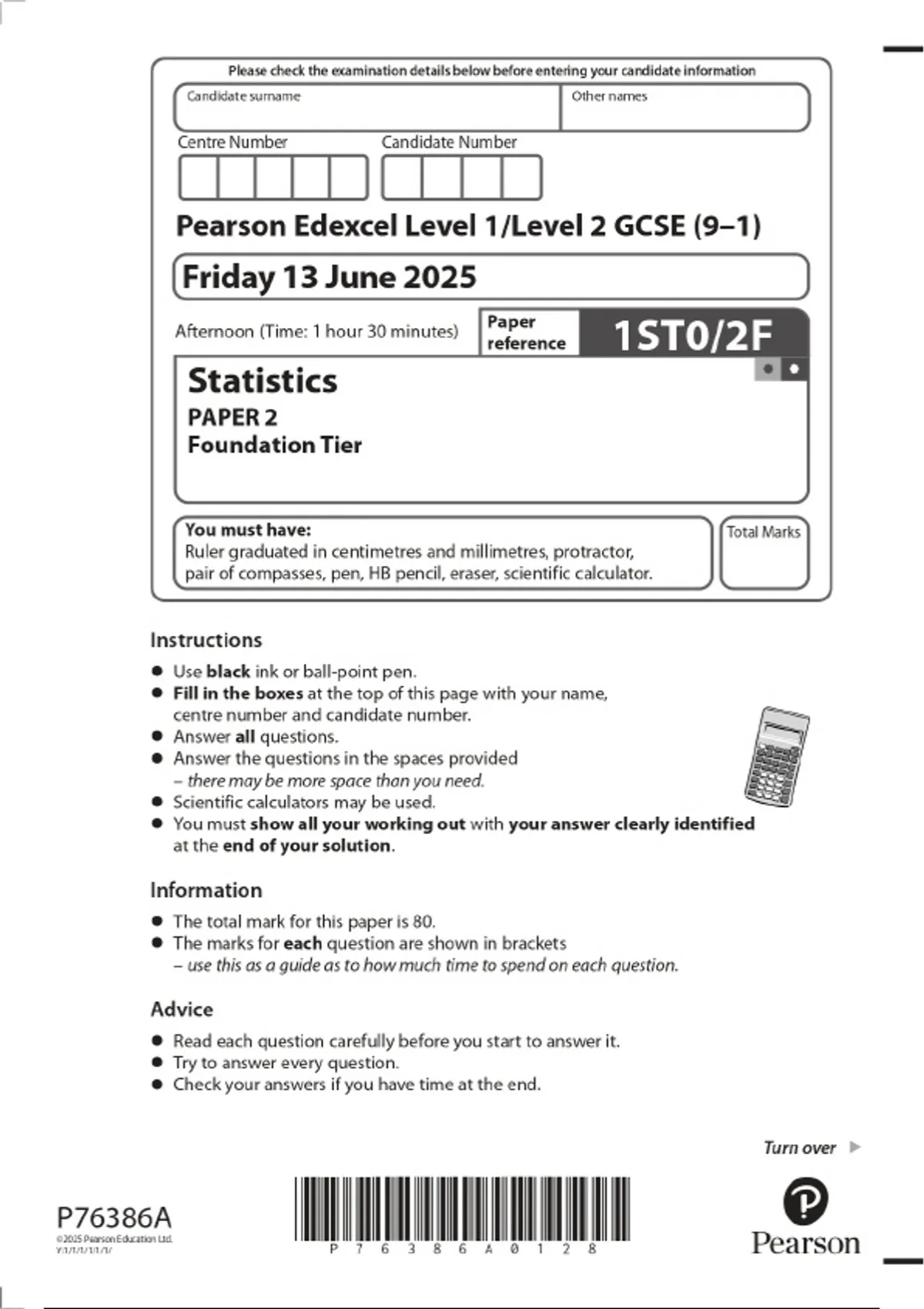 2025 Pearson Edexcel Level 1/Level 2 GCSE (9–1) Statistics PAPER 2 ...