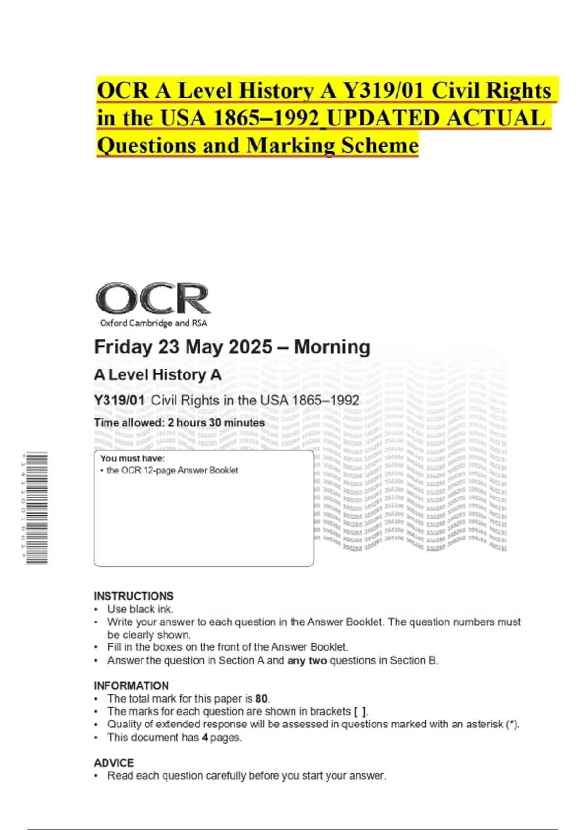 OCR A Level History A Y319/01 Civil Rights in the USA 1865–1992 UPDATED ...