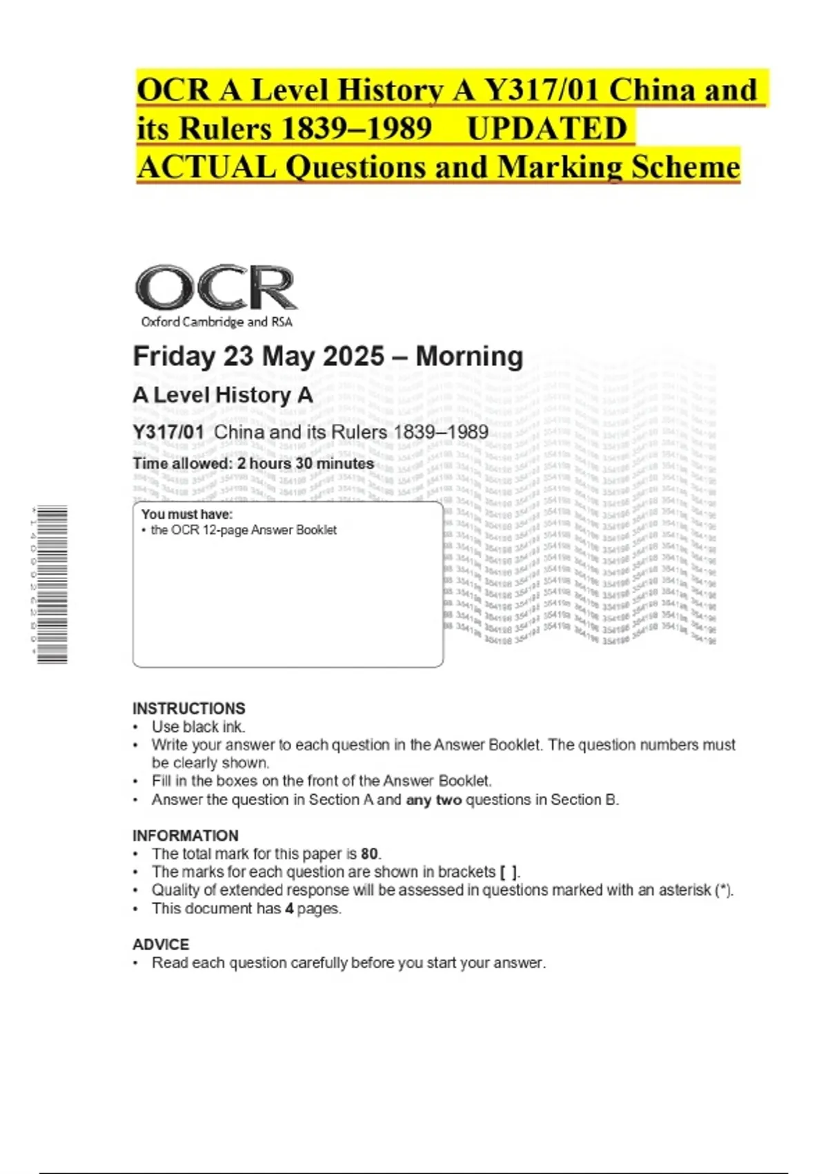 OCR A Level History A Y317/01 China and its Rulers 1839–1989 UPDATED ...