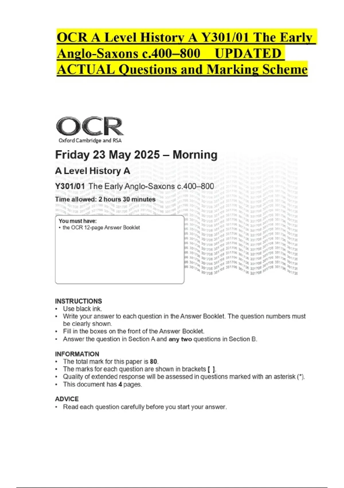 OCR A Level History A Y301/01 The Early Anglo-Saxons c.400–800 UPDATED ...