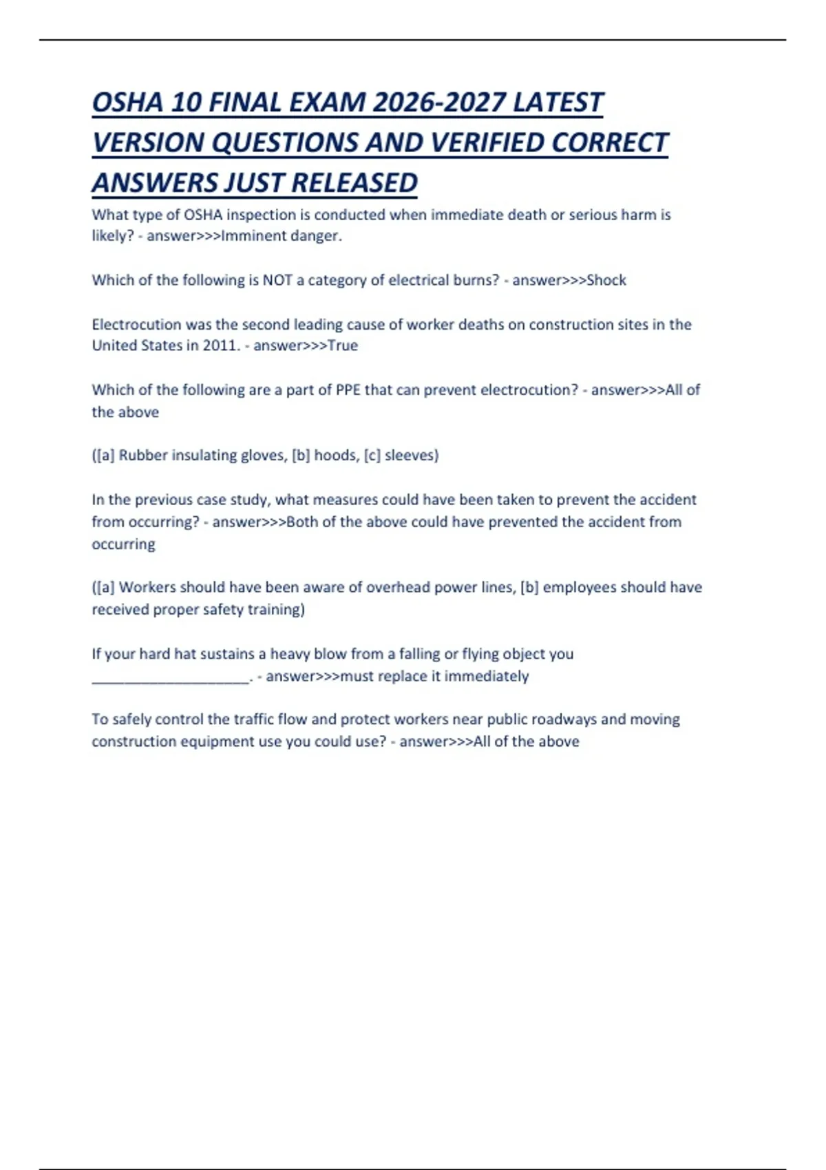 OSHA 10 Safety Training FINAL EXAM LATEST VERSION QUESTIONS AND ...