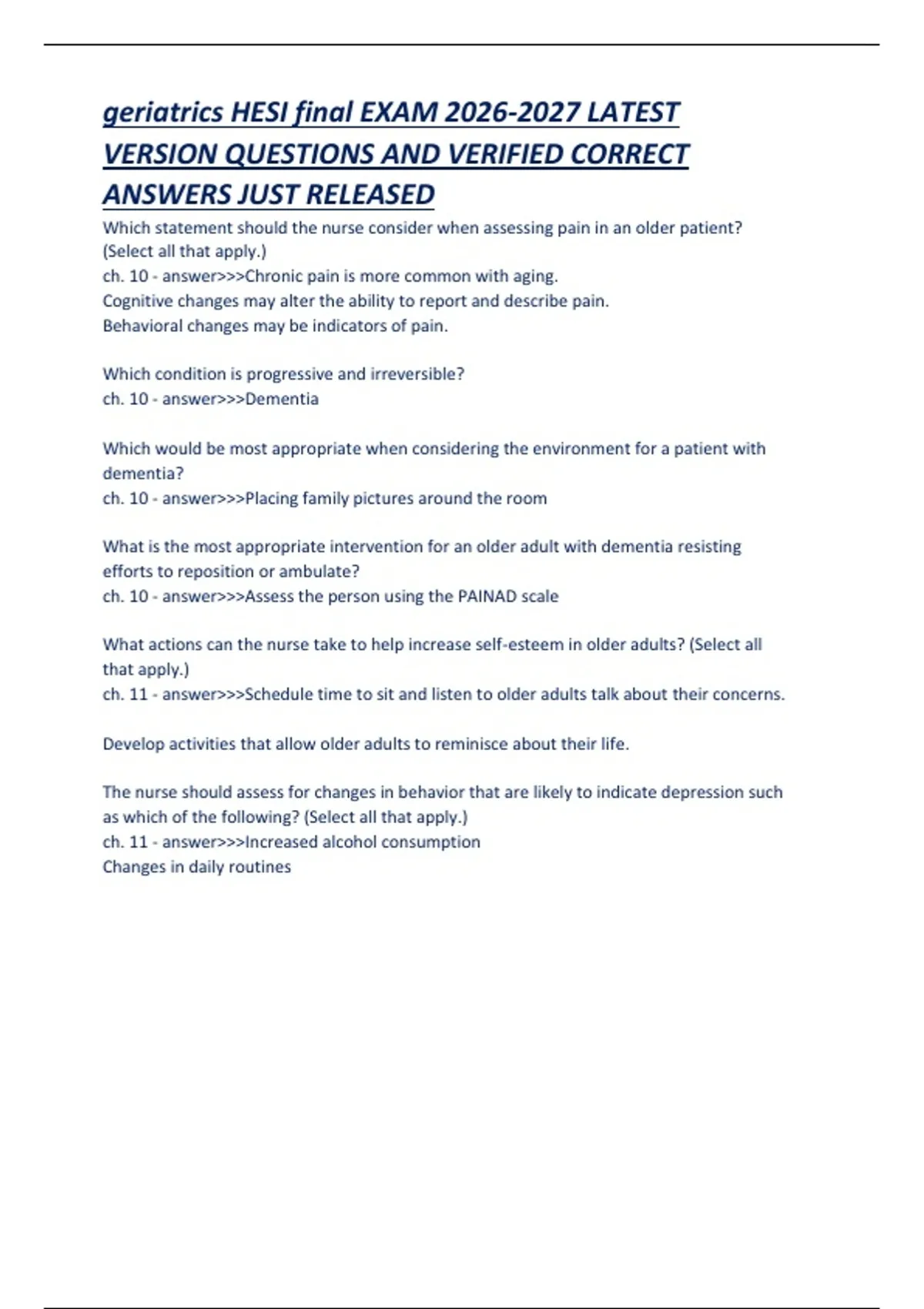 geriatrics HESI Nursing final EXAM LATEST VERSION QUESTIONS AND ...