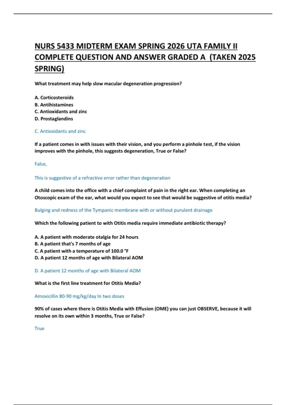 NURS 5433 MIDTERM EXAM SPRING 2026 UTA FAMILY II COMPLETE QUESTION AND ...
