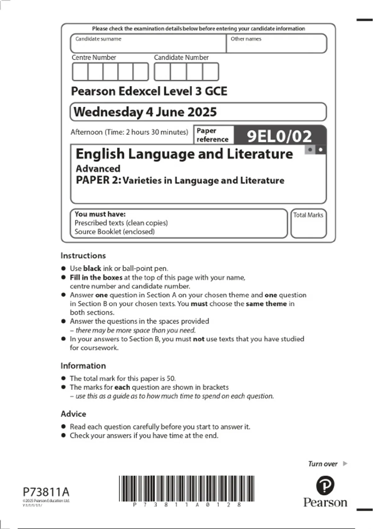 2025 Pearson Edexcel Level 3 GCE English Language and Literature ...