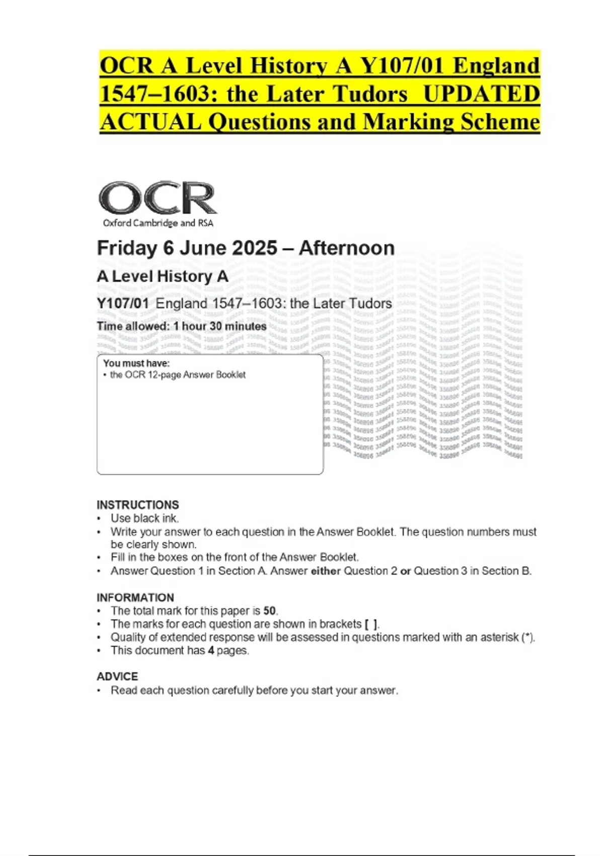 OCR A Level History A Y107/01 England 1547–1603: the Later Tudors ...