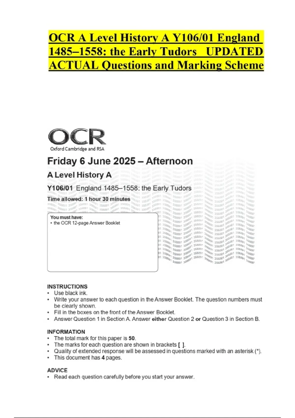 OCR A Level History A Y106/01 England 1485–1558: the Early Tudors ...
