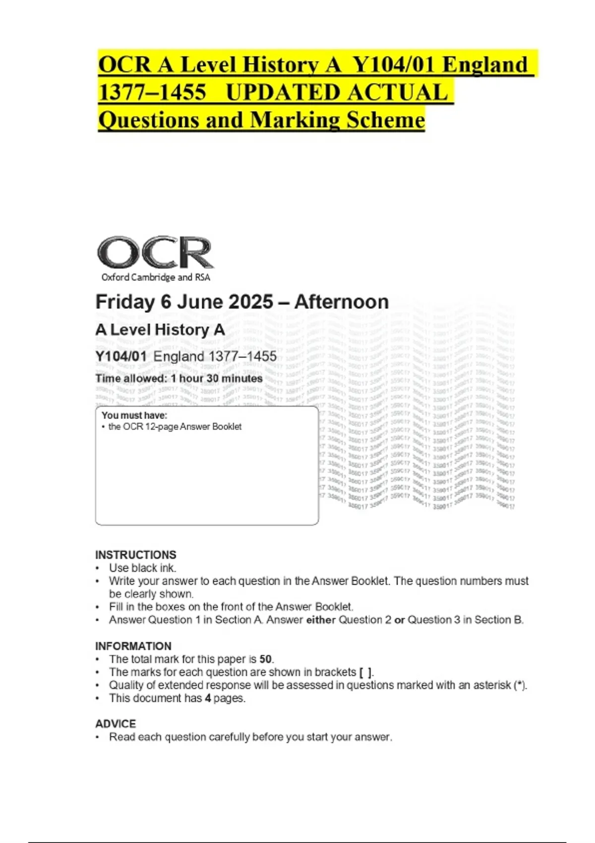 OCR A Level History A Y104/01 England 1377–1455 UPDATED ACTUAL ...