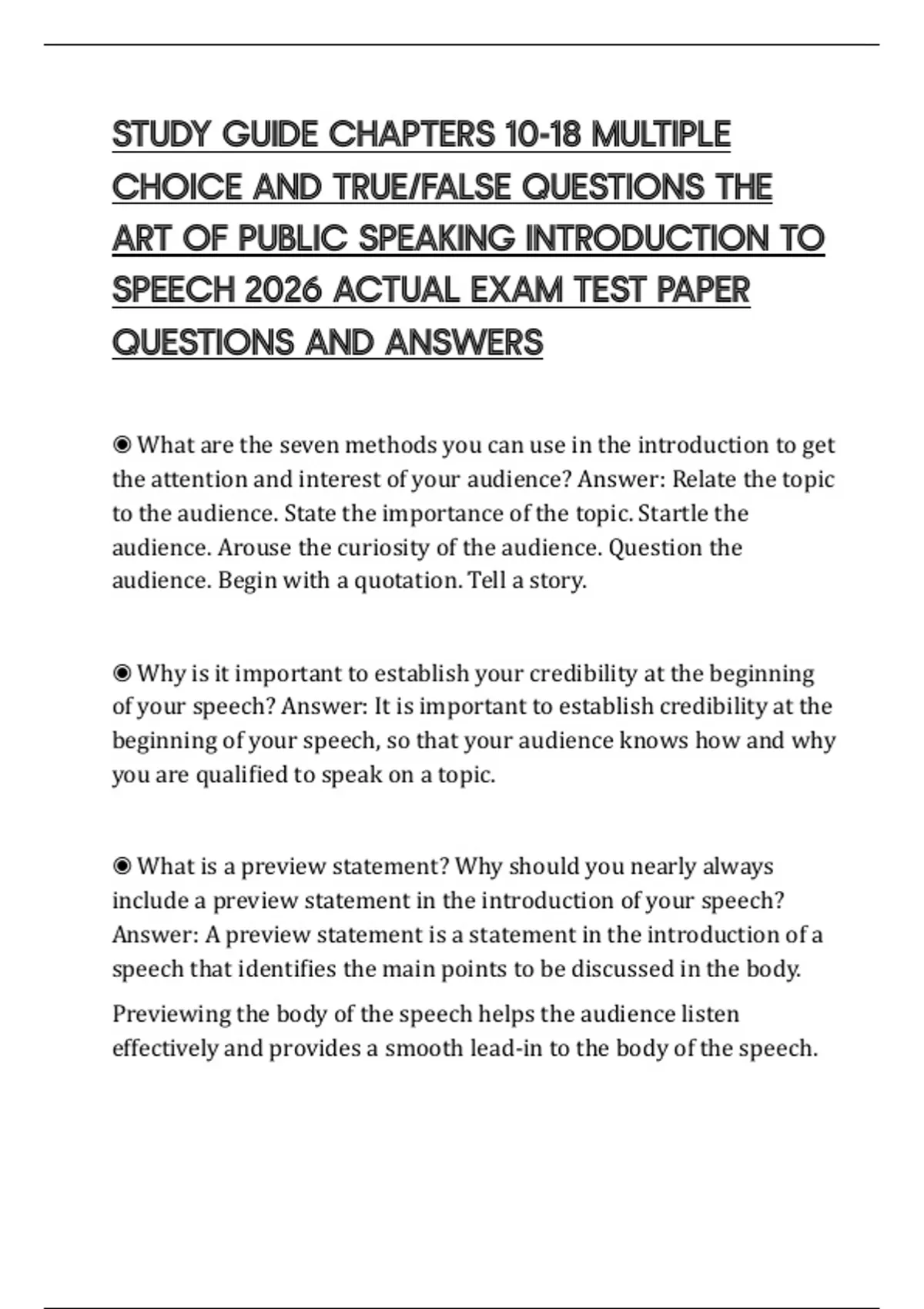STUDY GUIDE CHAPTERS 10-18 MULTIPLE CHOICE AND TRUE/FALSE QUESTIONS THE ...