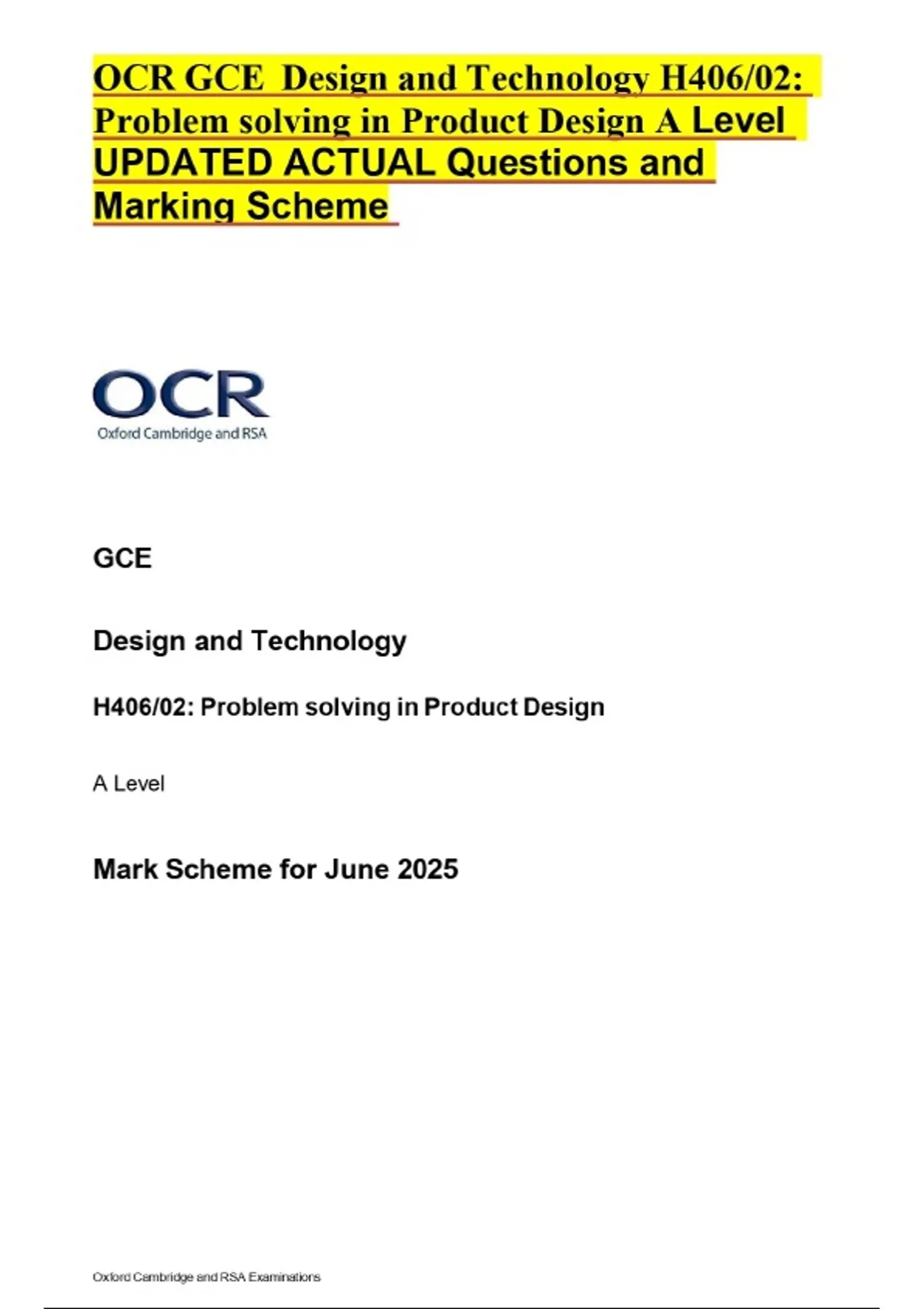 OCR GCE Design and Technology H406/02: Problem solving in Product ...