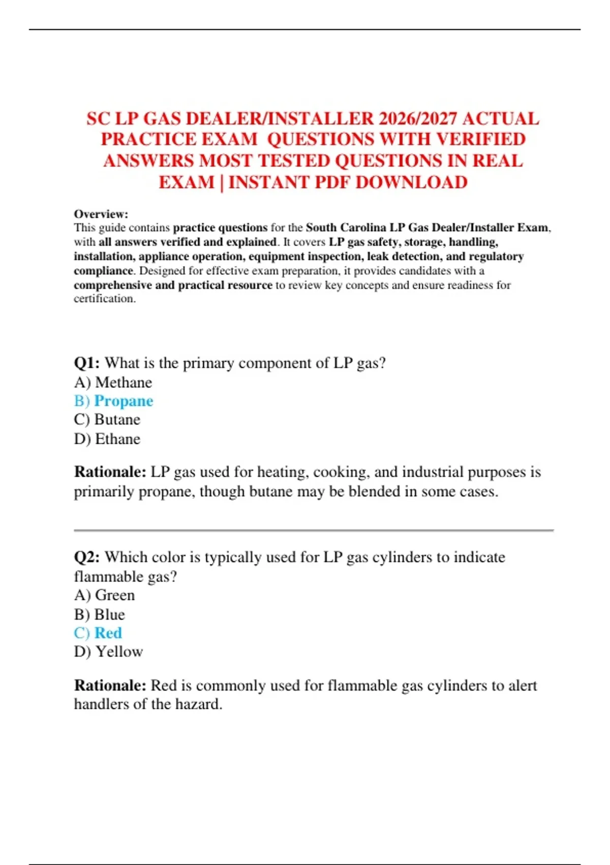 SC LP GAS DEALER/INSTALLER 2026/2027 ACTUAL PRACTICE EXAM QUESTIONS ...