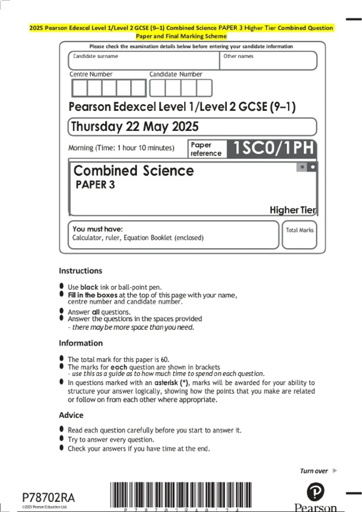 2025 Pearson Edexcel Level 1/Level 2 GCSE (9–1) Combined Science PAPER ...